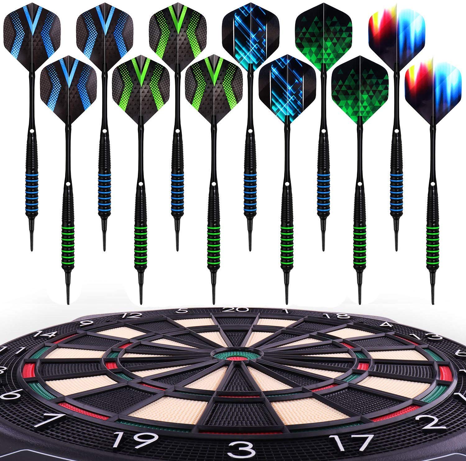 Grebarley Soft Tip Darts,Darts Plastic Tips,12 Pcs 18 Gram with 50 Extra Dart Tips,9 Flights, 6 shafts,Tool Kit for Electronic Dart Board