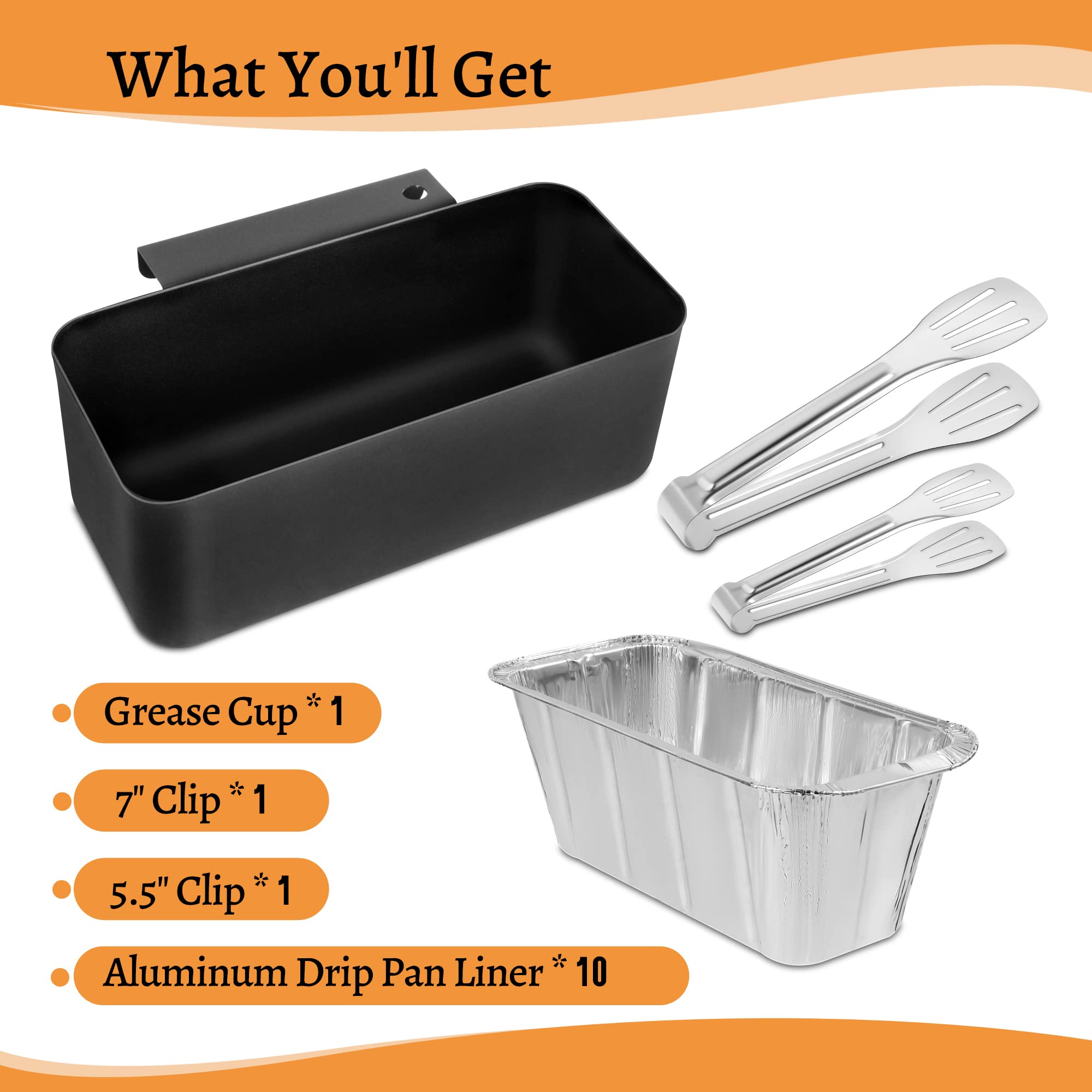 Grease Cup Liner for Blackstone Accessories, 10 Pcs Oil Drip Catcher Foil Pan Liners, Professional Flat Top Grease Tray Compatible with Black Stone Grill 17 22 28 30 36 Inch(1Short Hook Pan+10Liners)