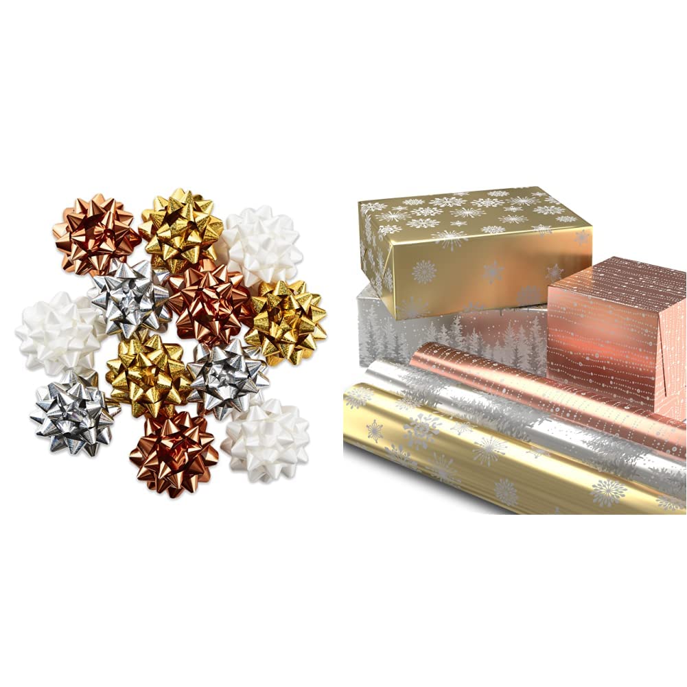 Hallmark Holiday Gift Bow Assortment (12) Gold, Silver, Bronze, White & Foil Christmas Wrapping Paper with Cut Lines on Reverse (3 Rolls: 60 Sq. Ft. Ttl) Rose Gold, Silver Trees, Gold Snowflakes