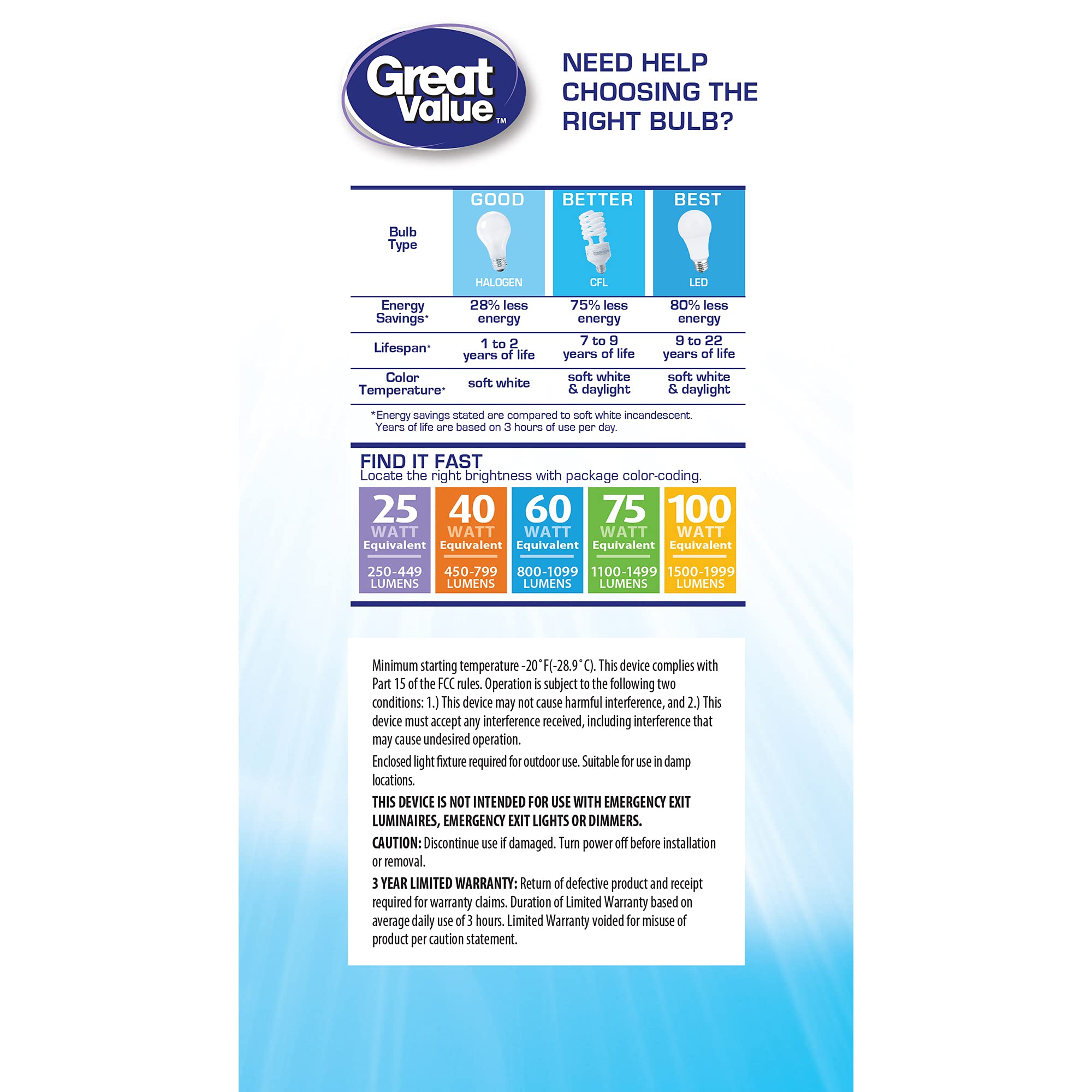 Great Value led light bulbs 14w (100w equivalent), daylight, 4-pack
