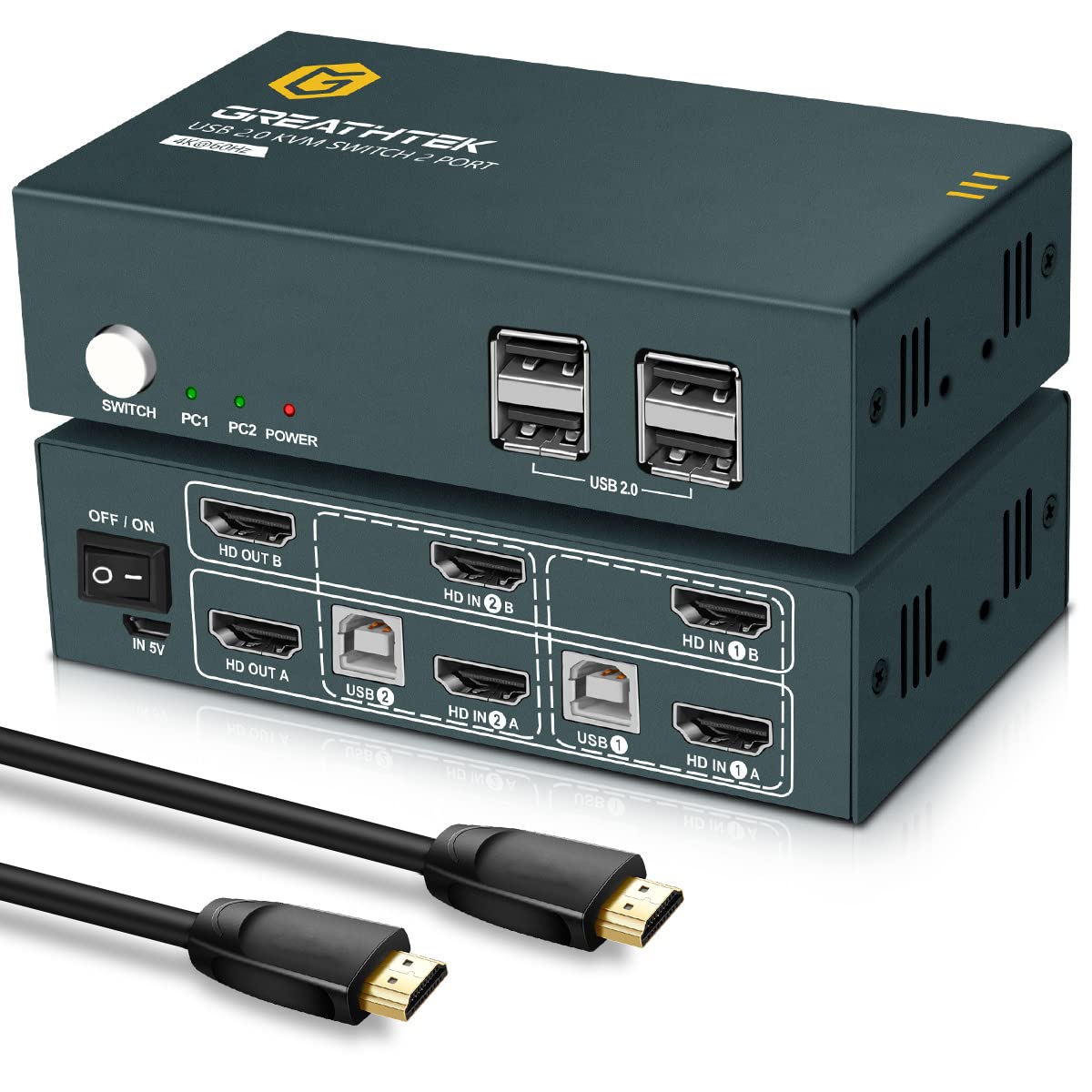 GREATHTEK KVM Switch HDMI 4 Port Box, UHD 4K@60Hz & 3D & 1080P Supported, Hot Key Switch, with 4 USB-B and 4 HDMI Cables