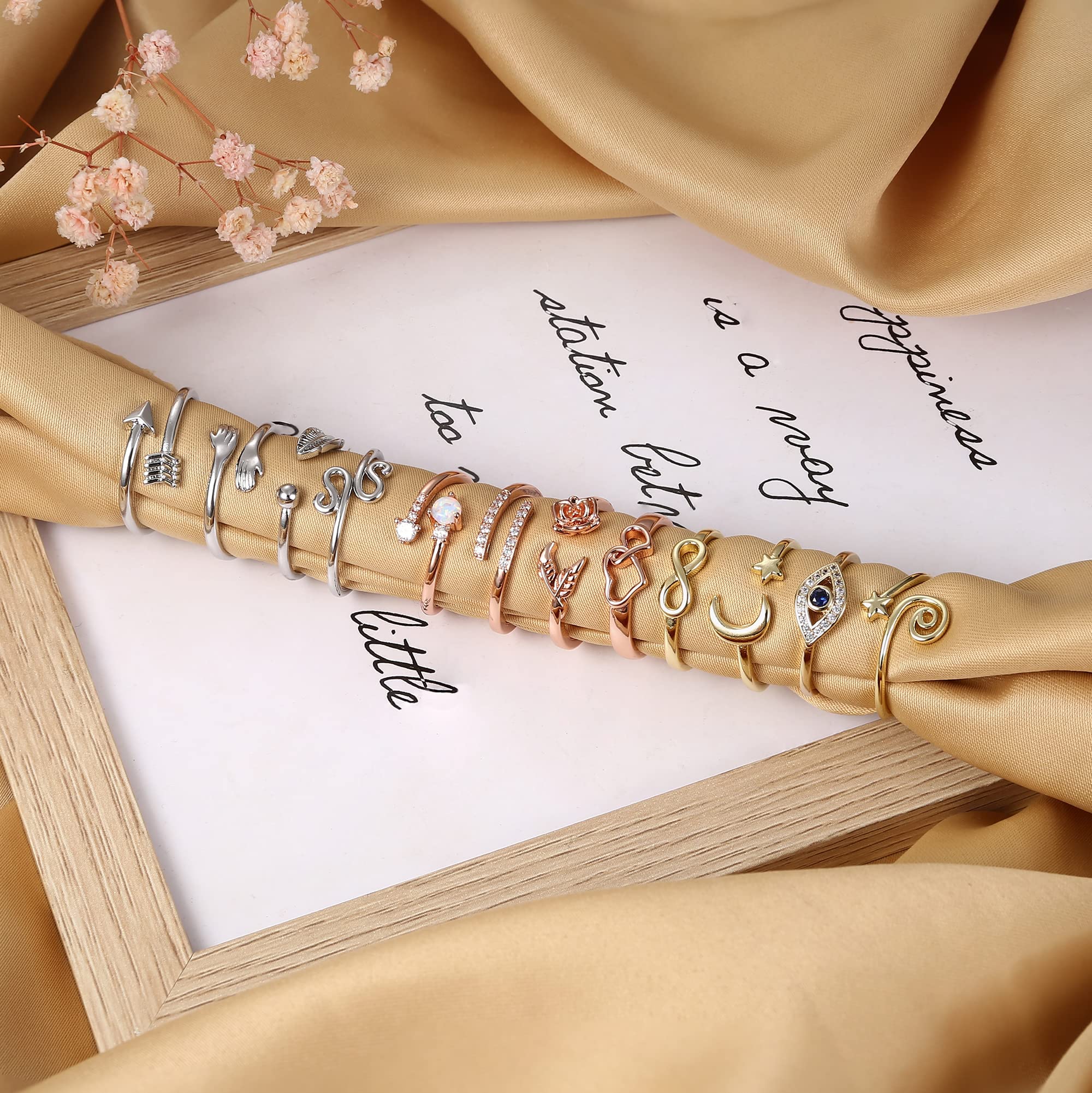 Kakonia 12Pcs Adjustable Rings for Women Knuckle Rings Evil Eye Arrow Wave Knot Cute Star Moon Flower Open Rings Set Stackable Thumb Joint Finger Rings