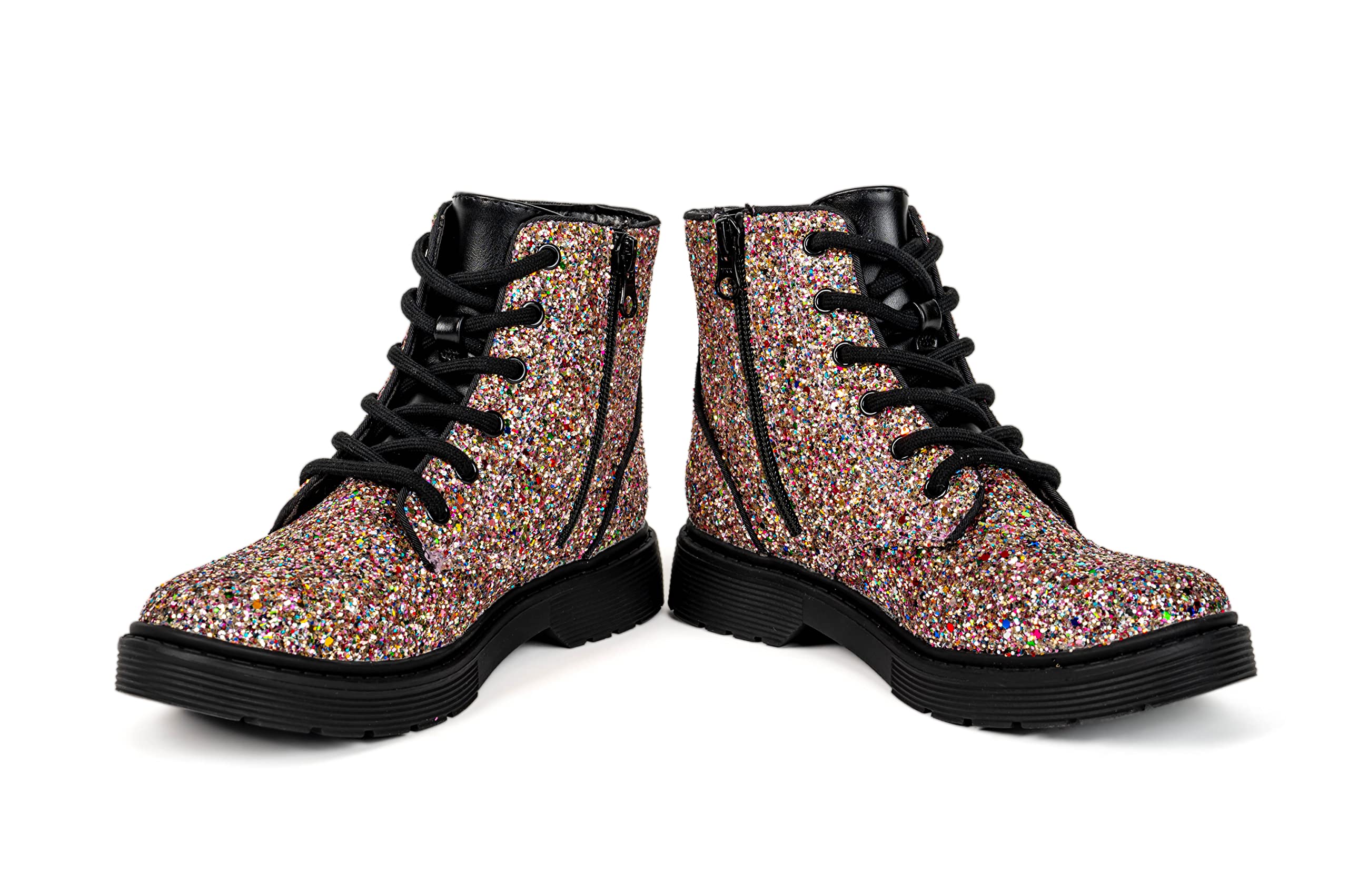 Girls Boys Glitter Ankle Boots Side Zipper Combat Shoes with Lace Up Multi-color size 2.