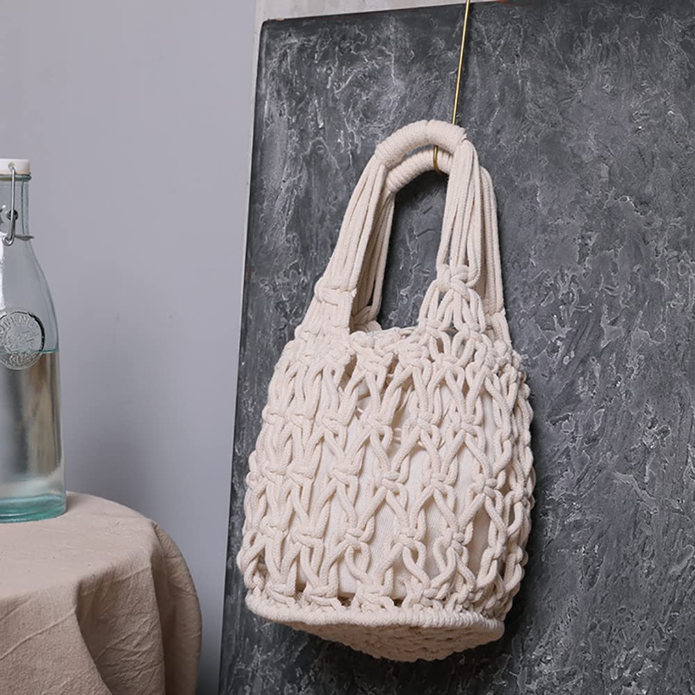 JBRUN Women's Bucket Drawstring Handbag Fishing Net Shoulder Bag Straw Weave Handbag Summer Beach Bags Hobo Bag (A-White)