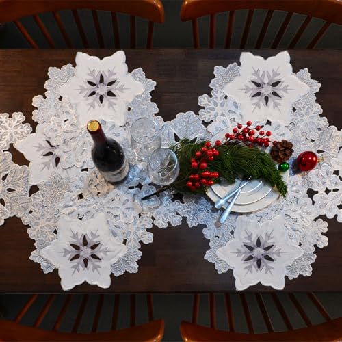 Grelucgo Machine Embroidered and Hand Cut Silver Grey and White Snowflakes Table Runner for Christmas Holiday (13.5 x 34 inches)