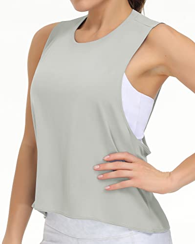 THE GYM PEOPLE Women's Open Cross Back Workout Tank Tops Loose Fit Sleeveless Yoga Running Shirts Light Grey