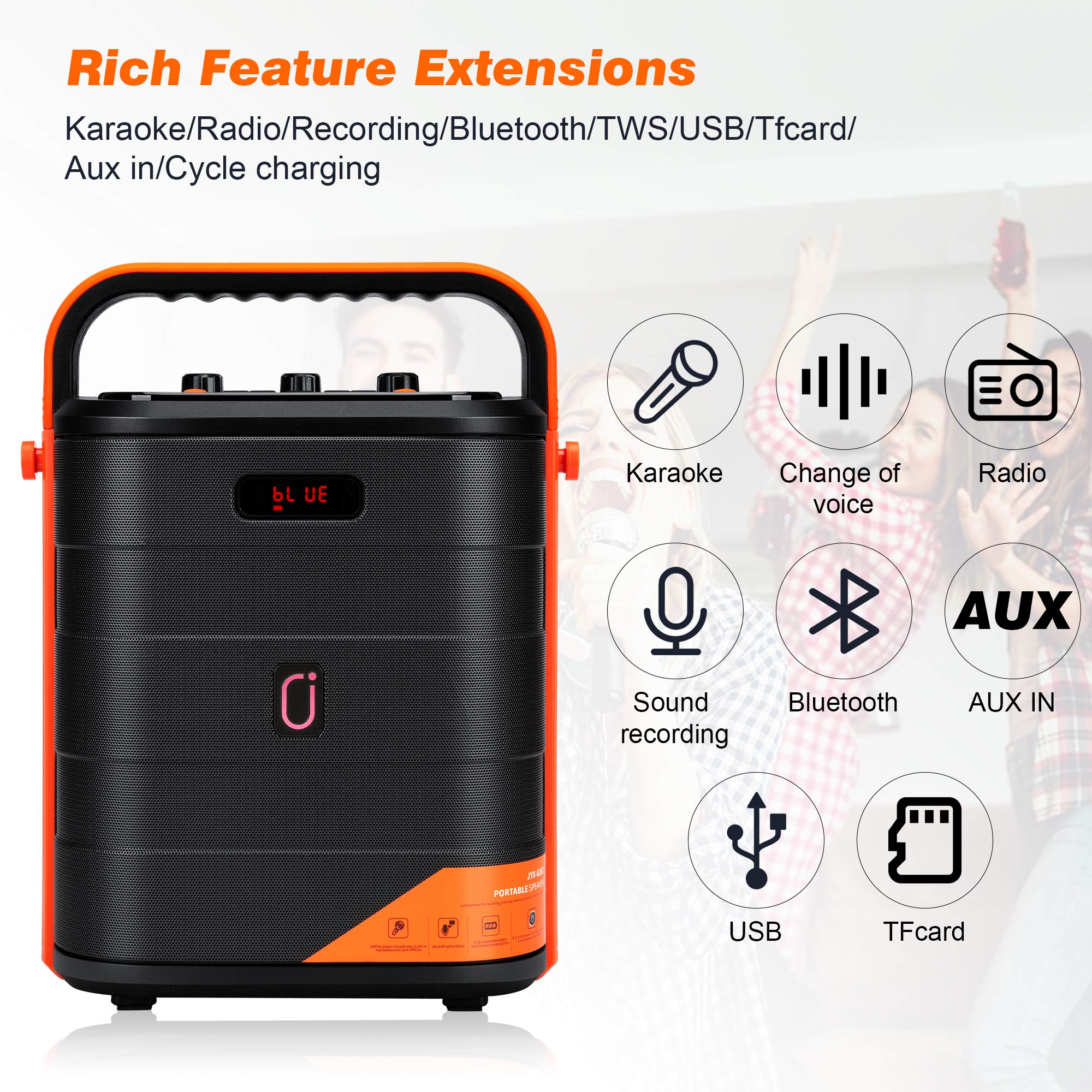 JYX 82BT Karaoke Machine with UHF Microphone, Portable Bluetooth Speaker with FM Radio, REC, TWS, Remote Control, Supports TF/USB/AUX for Home,Party, Event