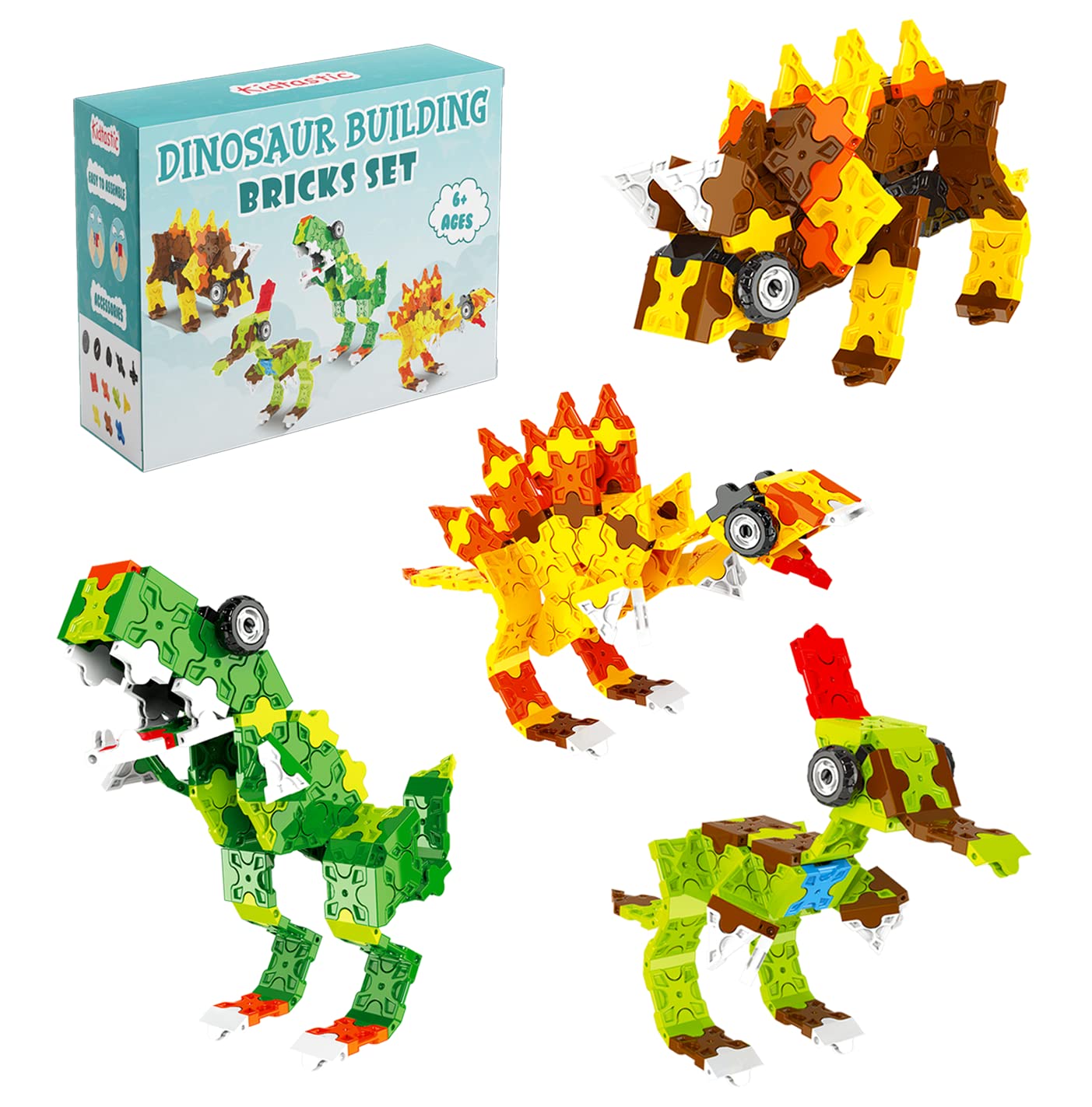 Kidtastic STEM Building Dinosaurs Bricks Toy for Child, Boys, Girls, 115 Pieces Fun and Educational Toy Set, Triceratops, T-Rex, Pterodactyl Dinosaurios Develops Skills and Creative Dino Attack