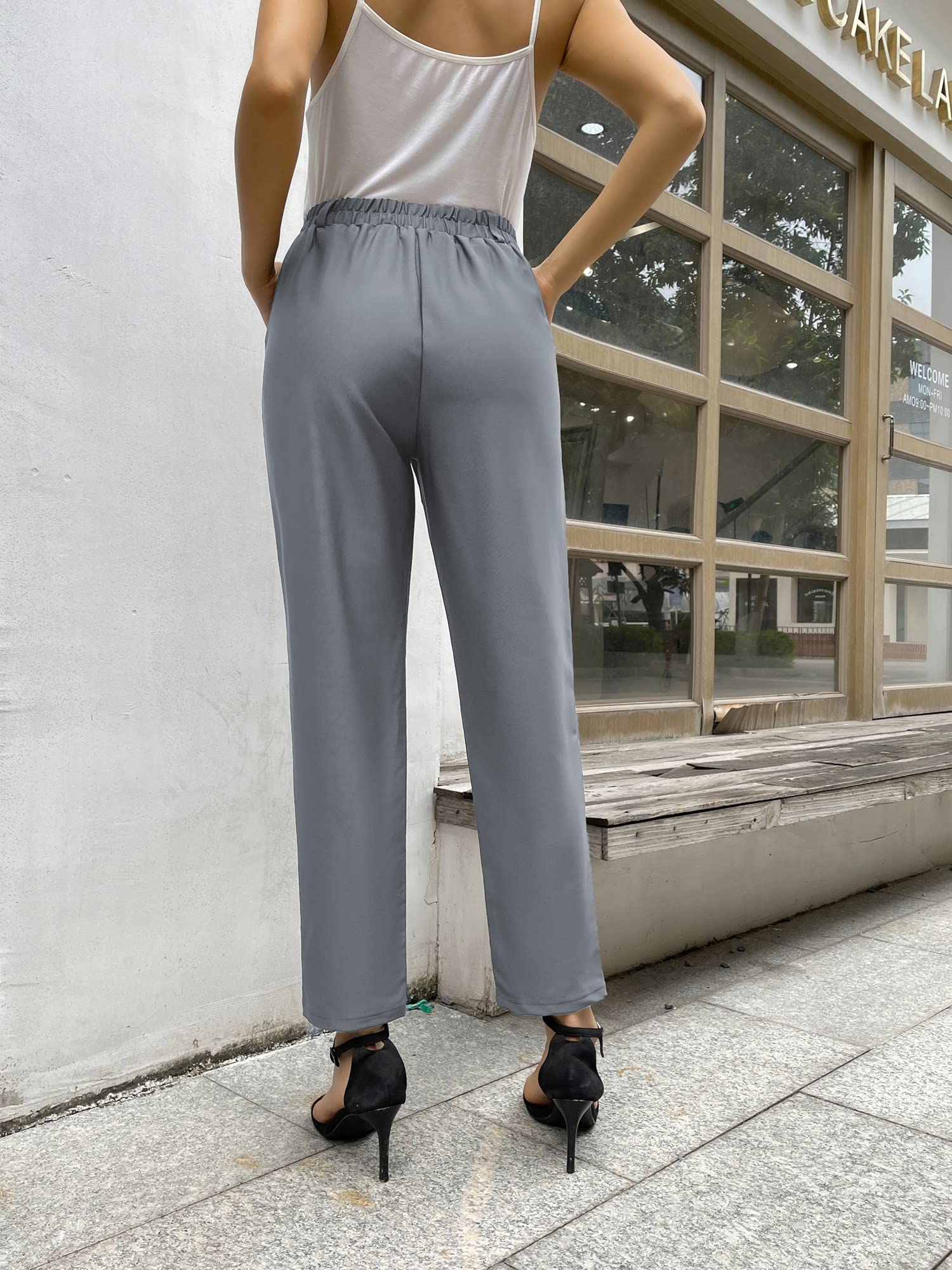 GRACE KARIN Women Casual Work Pants with Pockets Elastic Waist Pants Blue Grey M