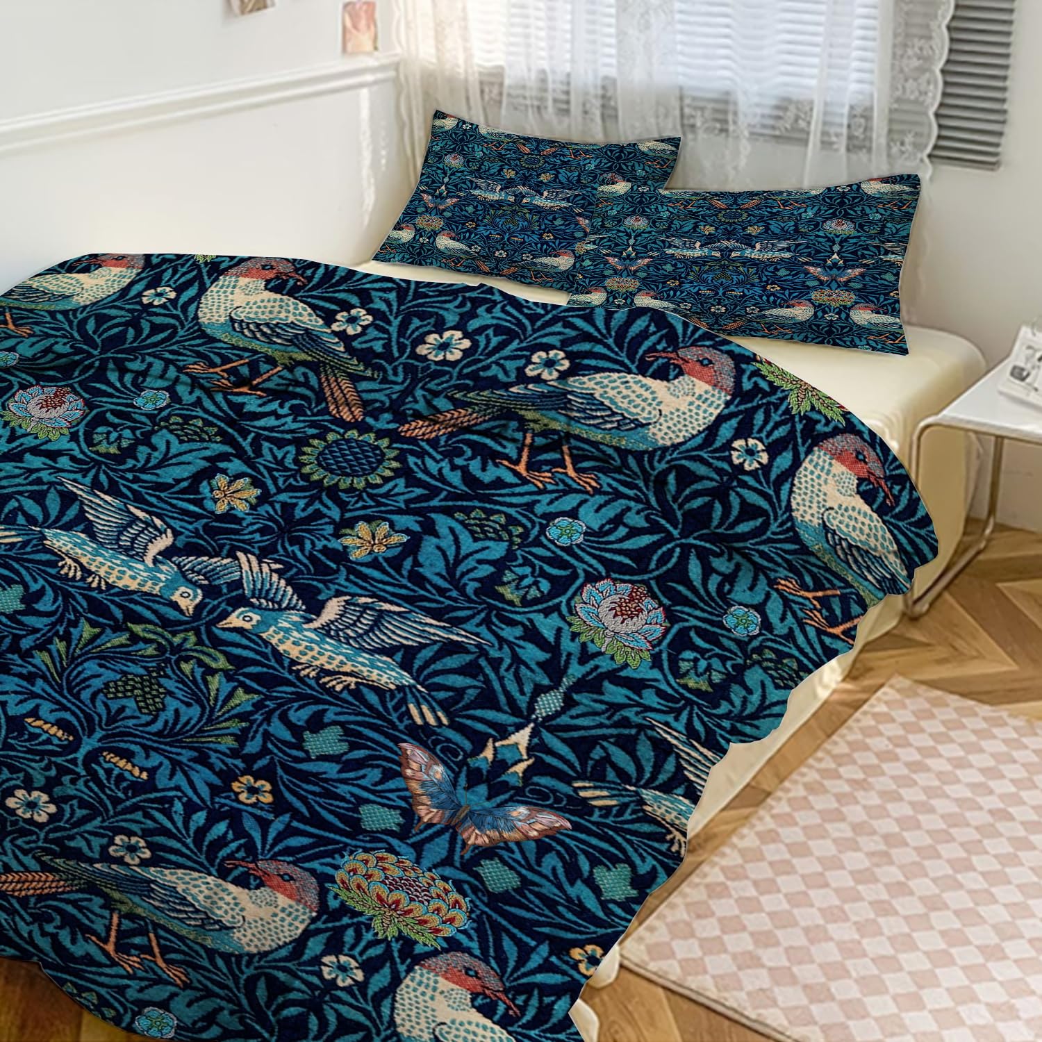 MSSHUKYTT Vintage Boho William Morris Florals Duvet Cover Set 3 Piece King Size,Rustic Spring Garden Animals Birds Butterflies Damask Designs Bedding Set 2 Pillow Sham(No Insert)