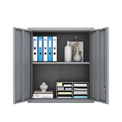 GREATMEET Metal Locking Wall Storage Cabinet with 1 Adjustable Shelf, Wall Mount Cabinet for Home Office,Garage,Laundry Room, Gray