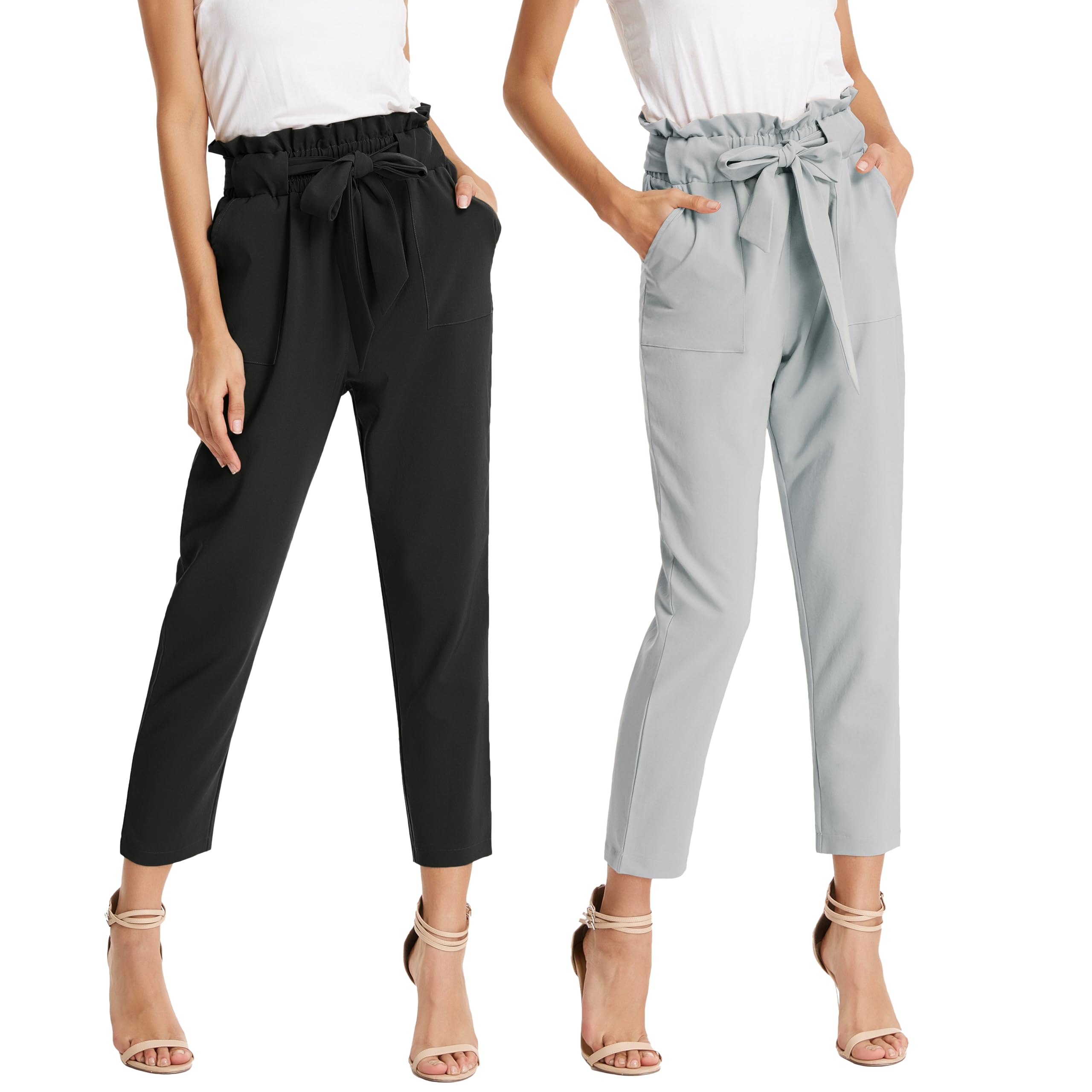 GRACE KARIN 2 Pack Women's Pants Elastic High Waist Belted Casual Pencil Dressy Paper Bag Pants with Pocket Light Gray+Black L