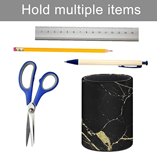 Gold and Black Marble Texture Pen Holder PU Leather Pencil Cup Cute Desk Organizer Makeup Brush Box for Home Office