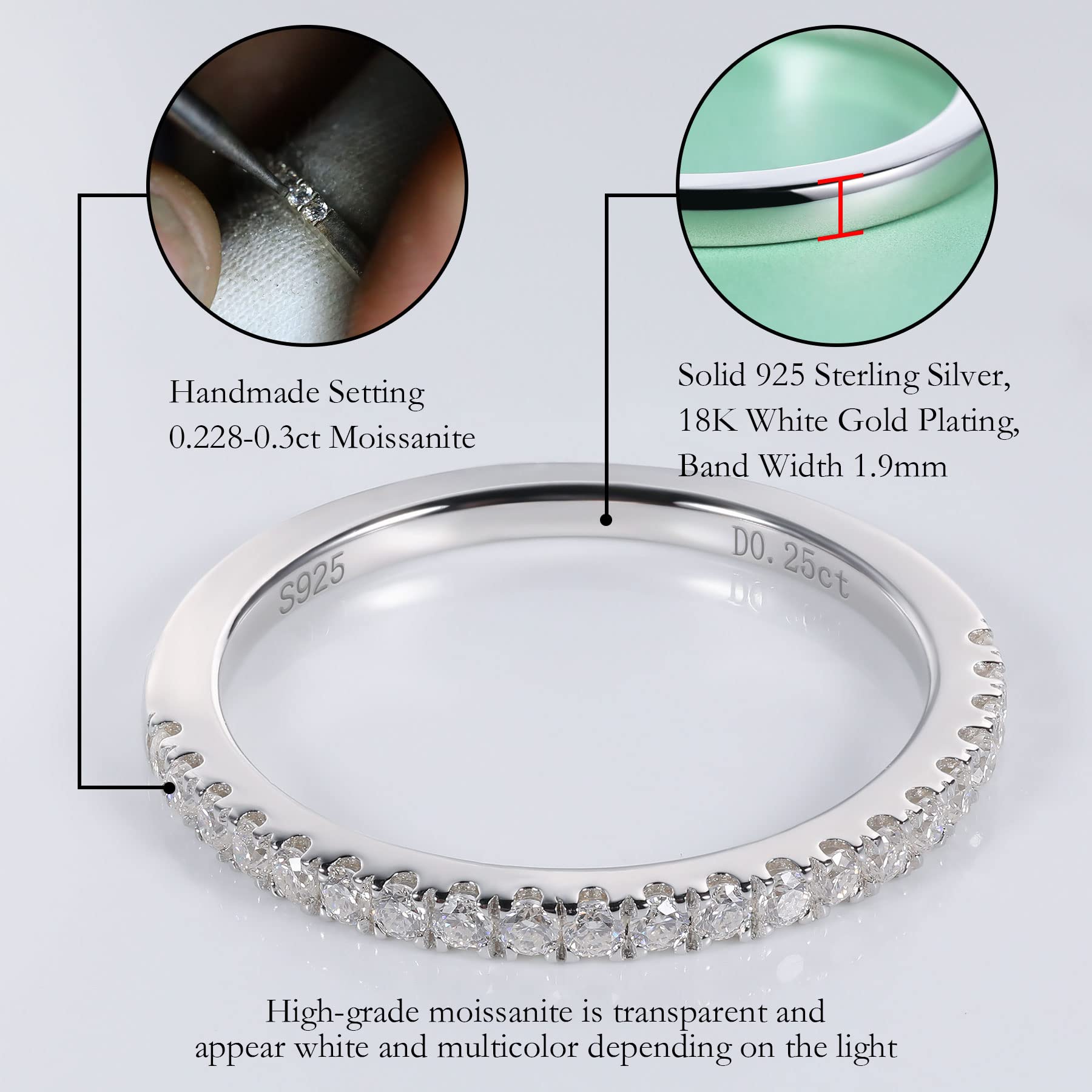 Hitlinker Moissanite Wedding Band Ring for Women S925 Sterling Silver White Gold Lab Created Diamond Thin Midi Half Eternity Band Stackable Wedding Anniversary Rings for Her Size 9