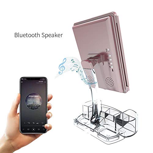 Hansong Makeup Mirror with Lights and Bluetooth - Tri-Fold Vanity Mirror with Magnification (2x/3x/10x), Lighted Mirror with Makeup Organizer Tray,Touch Screen Dimming,Rechargeable