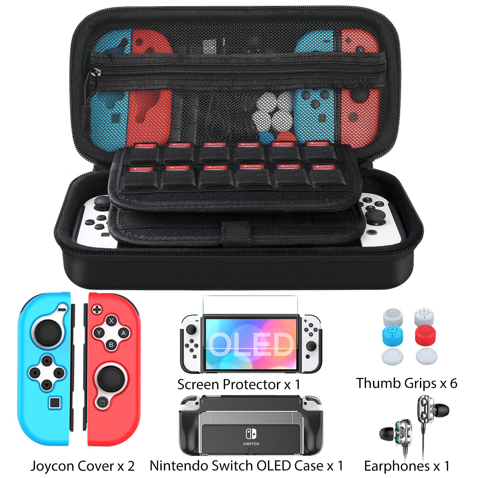 HEYSTOP Switch OLED Case for Nintendo Switch OLED Model, 12 In 1 Switch OLED Accessories Kit with Medium Carry Case, Dockable Protective Case, Screen Protector, Grip Cover, Headphones and Thumb Caps