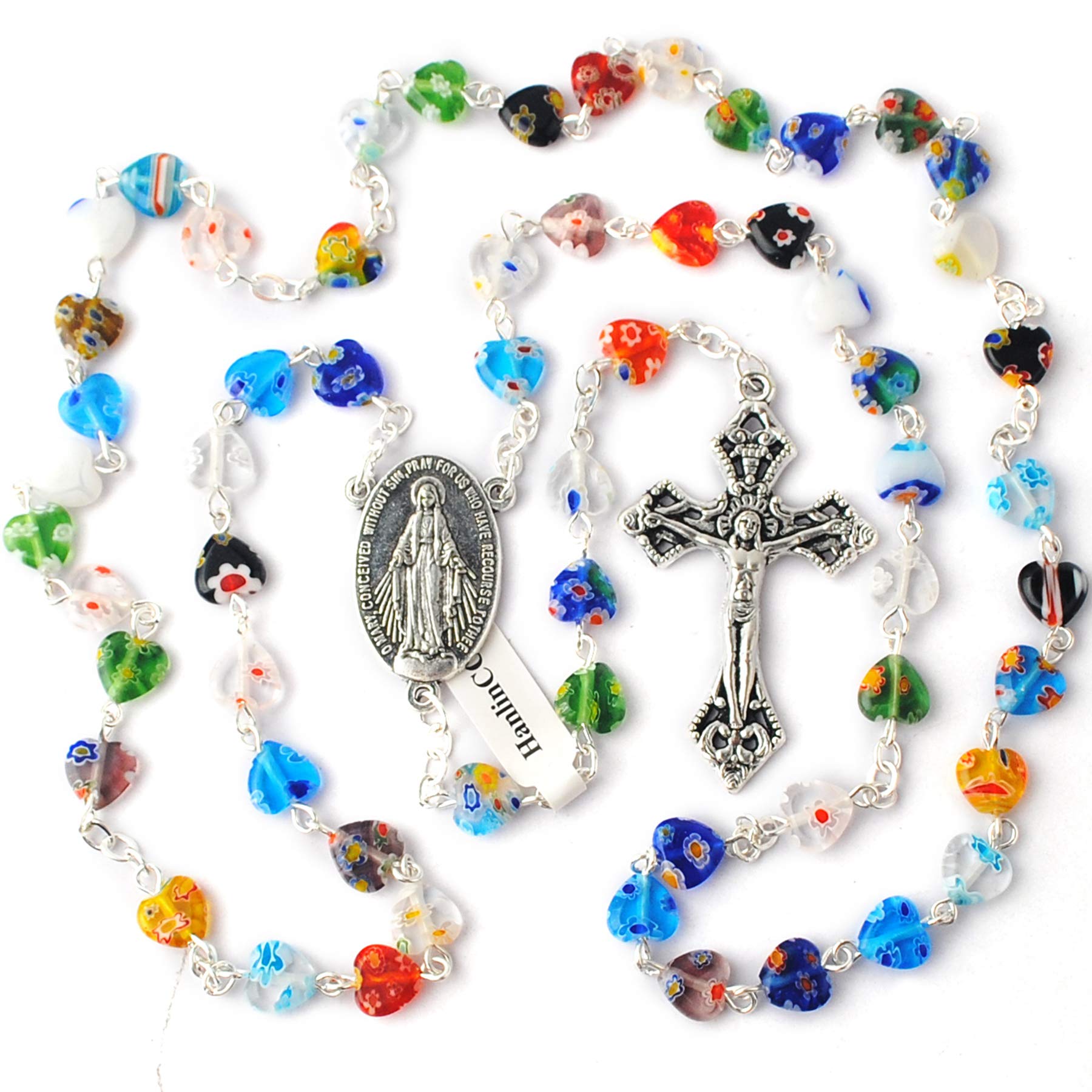 HanlinCC 8mm Multicolor Glass Heart Shape Beads Catholic Rosary with Miraculous Center Piece and Cross