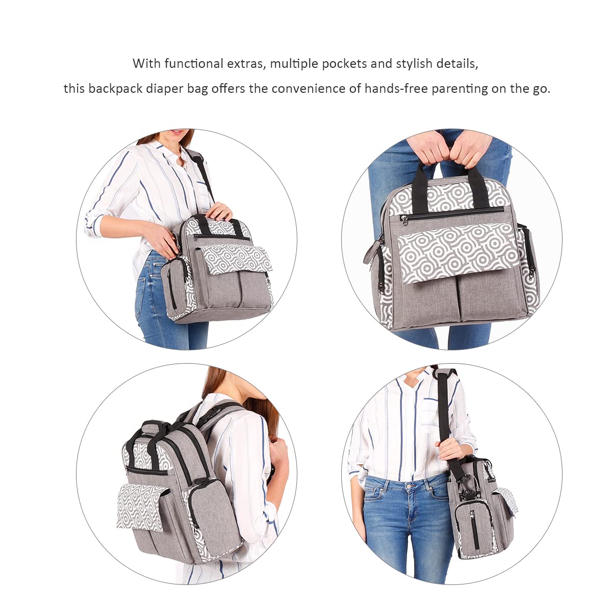 Lmbabter Diaper Bag Backpack with Changing Station Large-Capacity Mommy Baby Bag Convertible Diaper Bag Tote with Shoulder Strap (Grey)