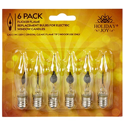 Holiday Joy - Flicker Flame Crystal Clear Flame Tip Candelabra Replacement Bulbs - Great for Electric Window Candle Lamps - CA5 - E12-1 Watt - 120 Volts (6 Pack)