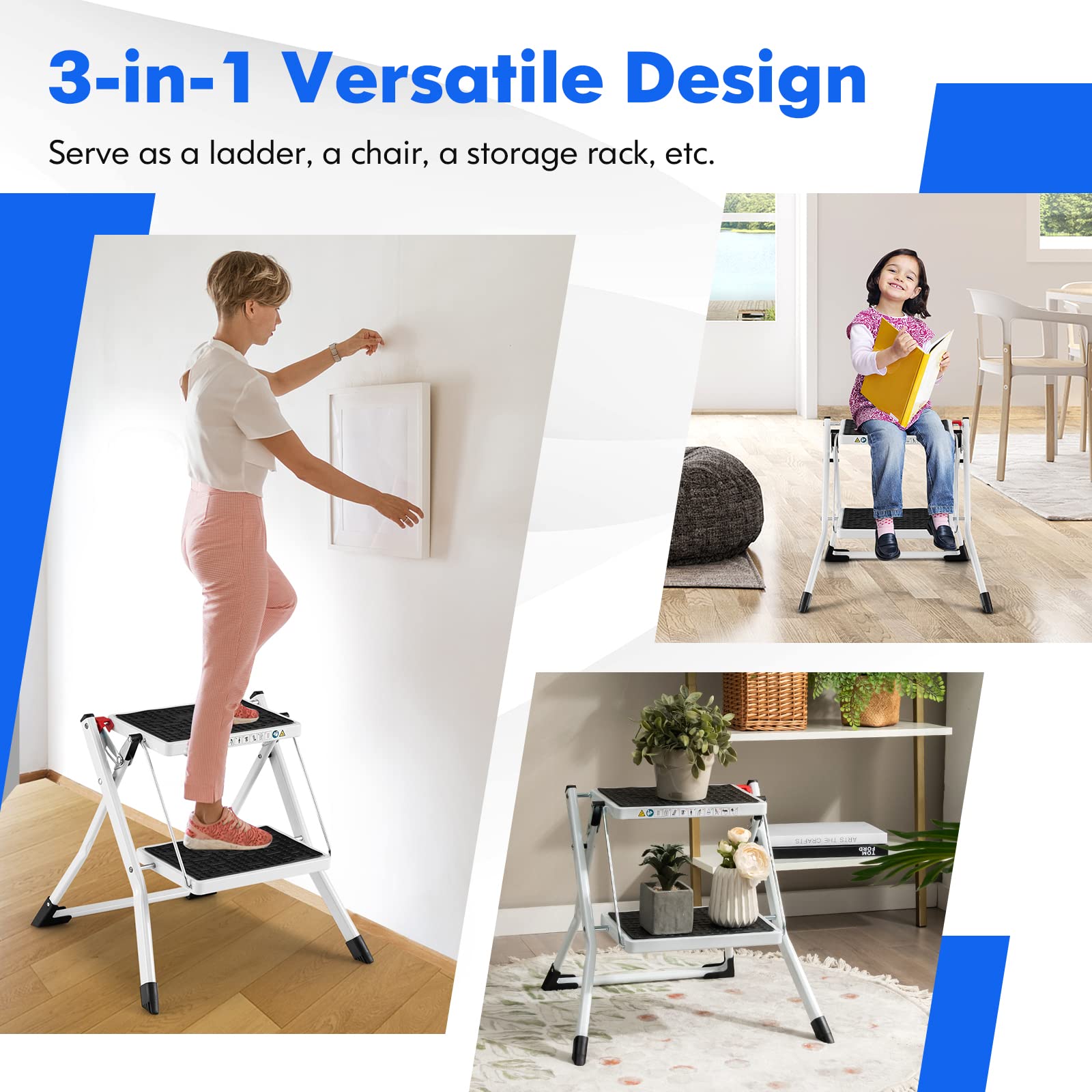 Goplus 2 Step Ladder, Lightweight Folding Step Stool with Anti-slip Pedals, Non-slip Foot Covers, Heavy Duty Metal Stepladder for Household, Kitchen, 330 LBS Weight Capacity, White & Black