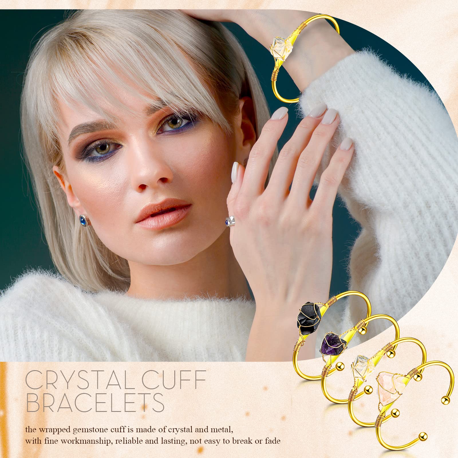 Kigeli 4 Pcs Gold Plated Crystal Cuff Bracelets for Girls Women Irregular Natural Gemstone Cuff Bangle Adjustable Wire Wrapped Cuff Bracelets for Birthday Gifts