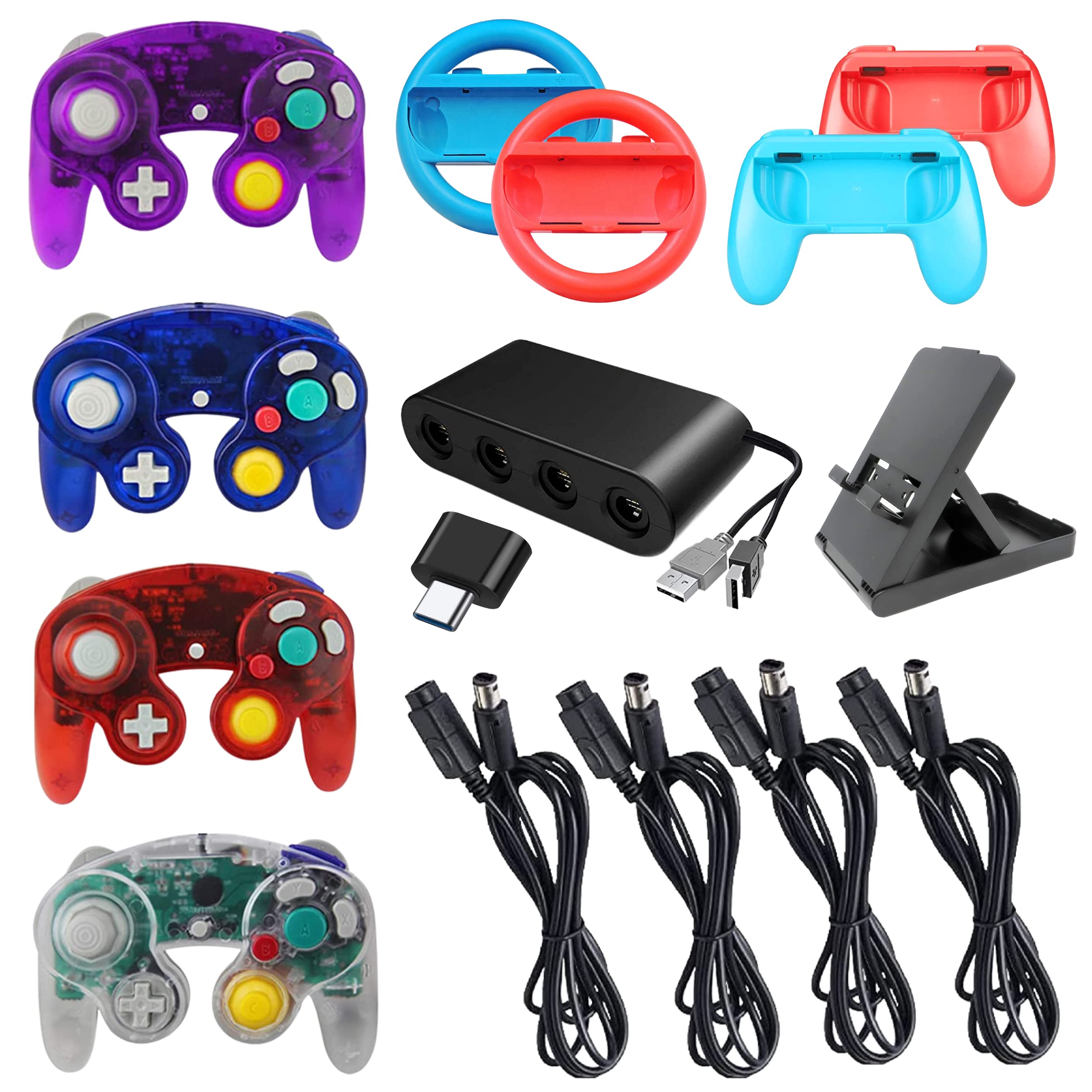 HEARNOX Switch OLED Gamecube Controller Bundle - with 4 Extension Cords 4 Joycon Grips