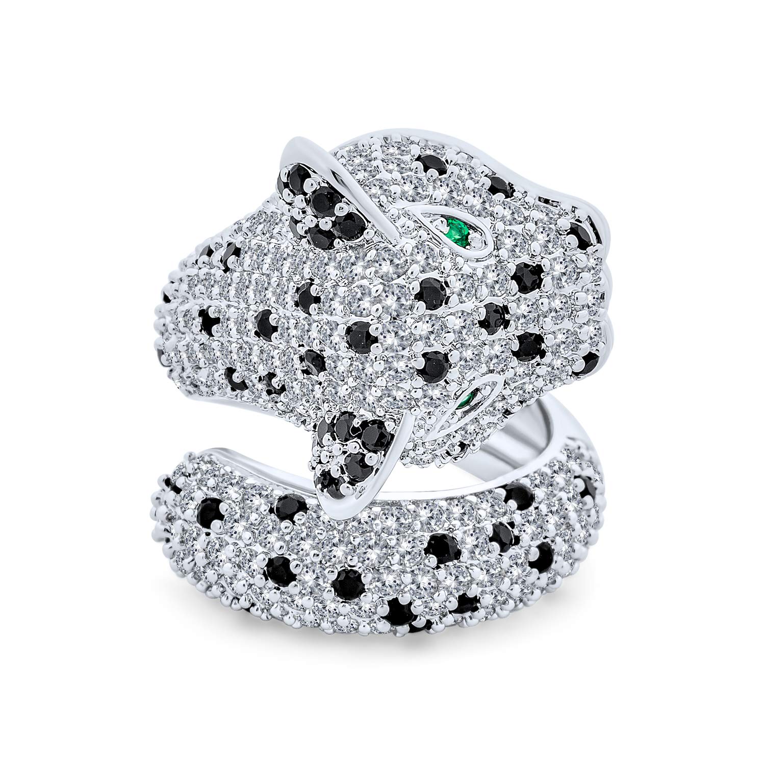 Green Eye Black White Cubic Zirconia CZ Fashion Leopard Panther Cat Statement Bypass Ring For Women Silver Plated Brass