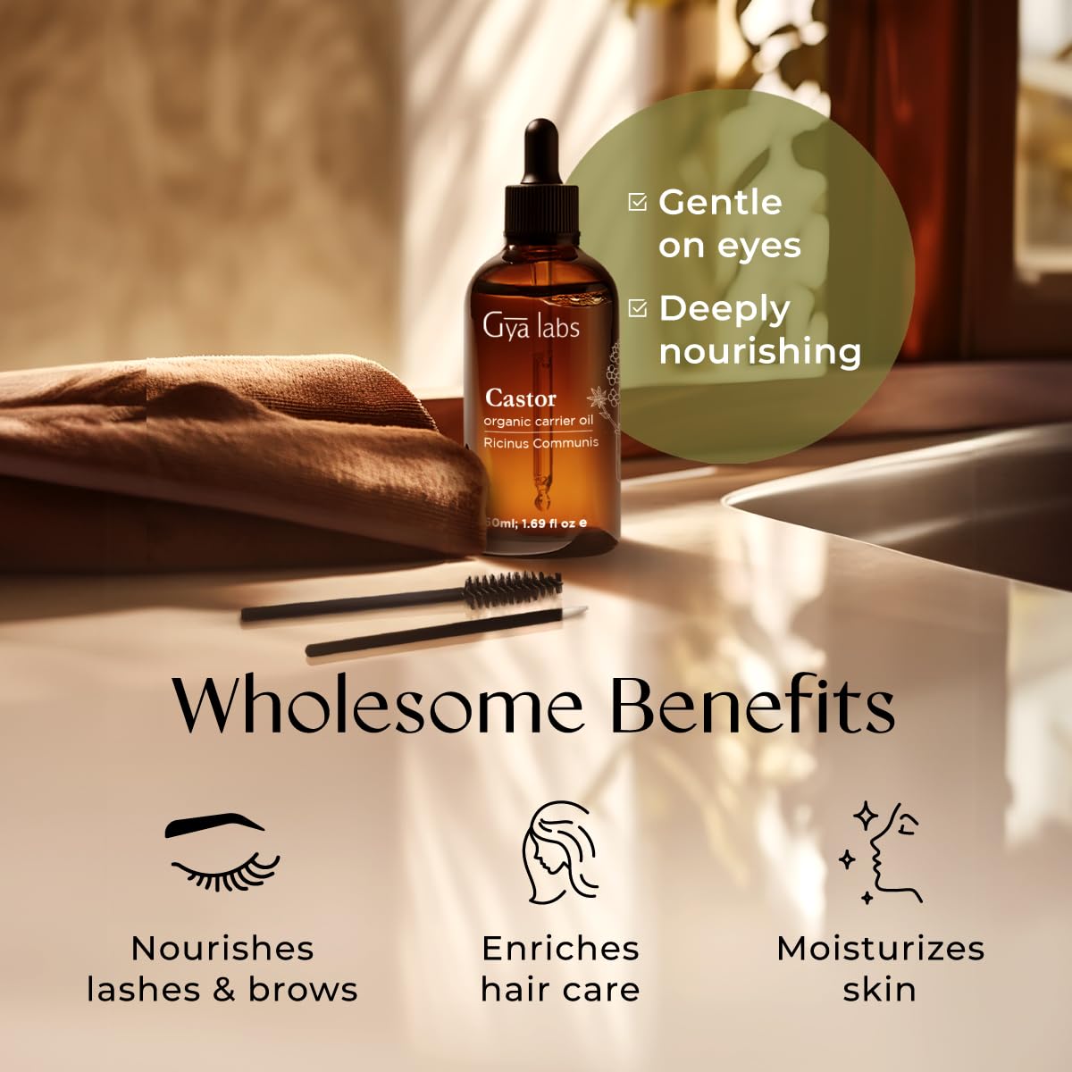 Gya Labs Organic Cosmetics Castor Oil for Eyelashes and Eyebrows - 100% Natural Cold Pressed Castor Oil for Hair, Eyelash & Eyebrow - Unrefined Carrier Oil for Skin (1.7 fl oz + Eyelash Kit)
