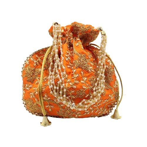 Indian Handmade Flower Embroidered Multi Color Silk Potli Bag Clutch Purse Pouch Drawstring Bag For Women's Wedding Gift (Orange)