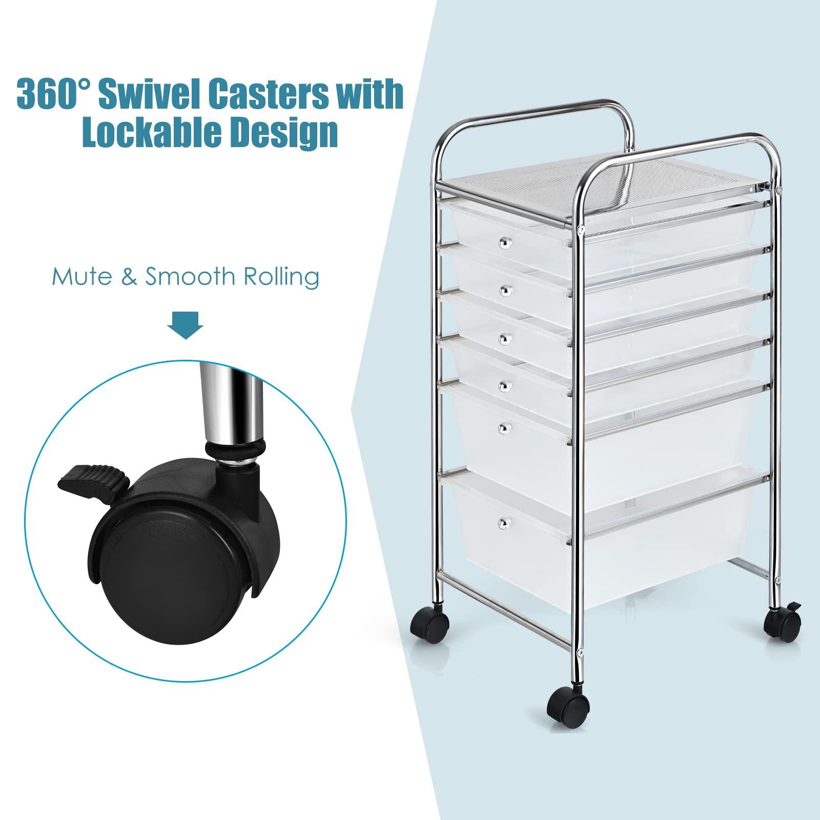 Happygrill 6-Drawer Organizer Cart Tools, Mobile Utility Storage Cart with Removable Drawers & Lockable Wheels, Rolling Storage Cart with Wheels for Home Office,Clear
