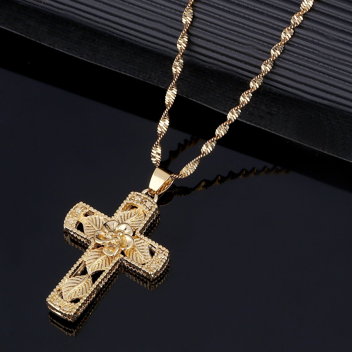 Gold Color Flower Leaf Cross Pendant Necklace Jewelry Eterner Life Flower Religious Jewelry