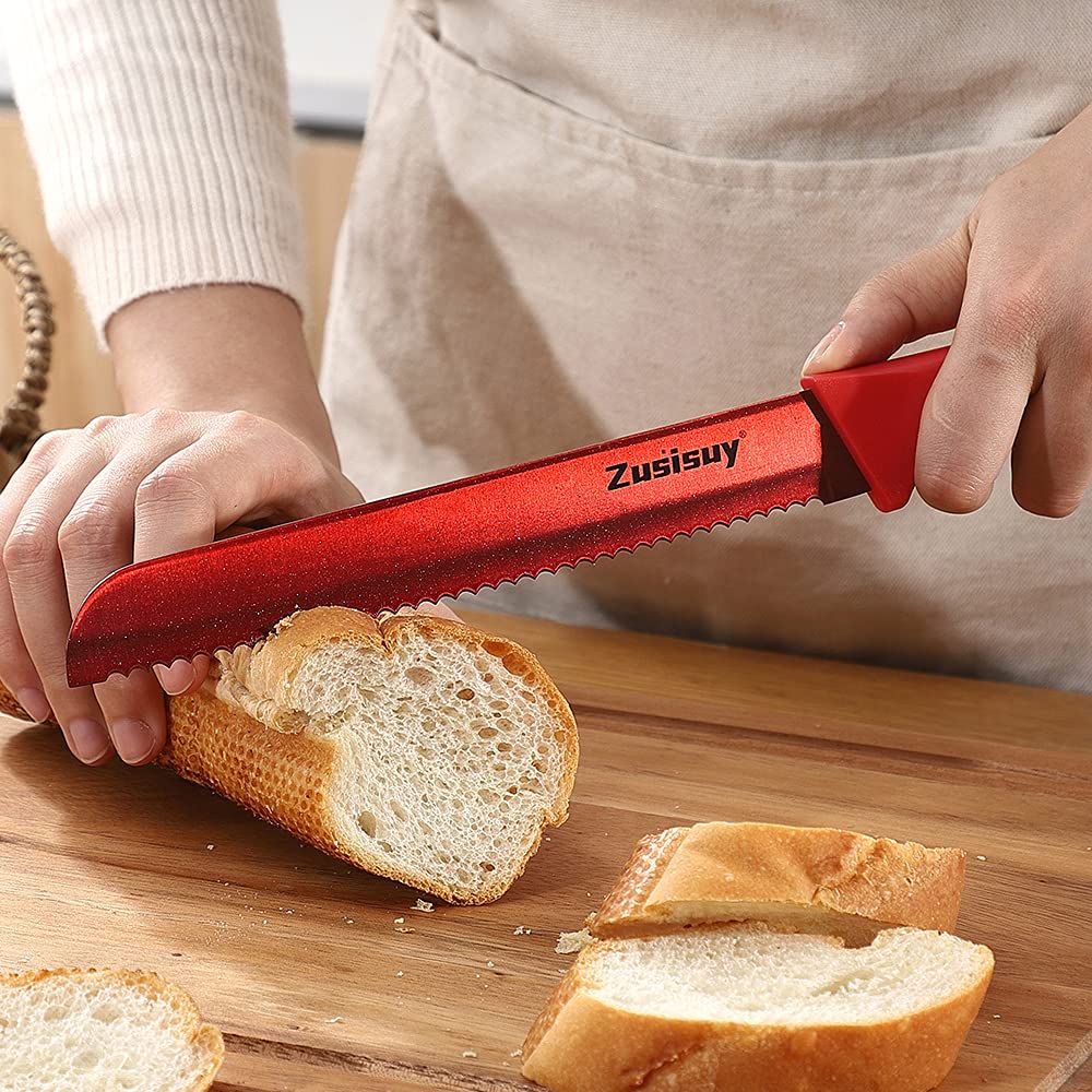 Zusisuy Red Professional Kitchen Knife Chef Set, Kitchen Knife Set Stainless Steel, Kitchen Knife Set Dishwasher Safe with Sheathes