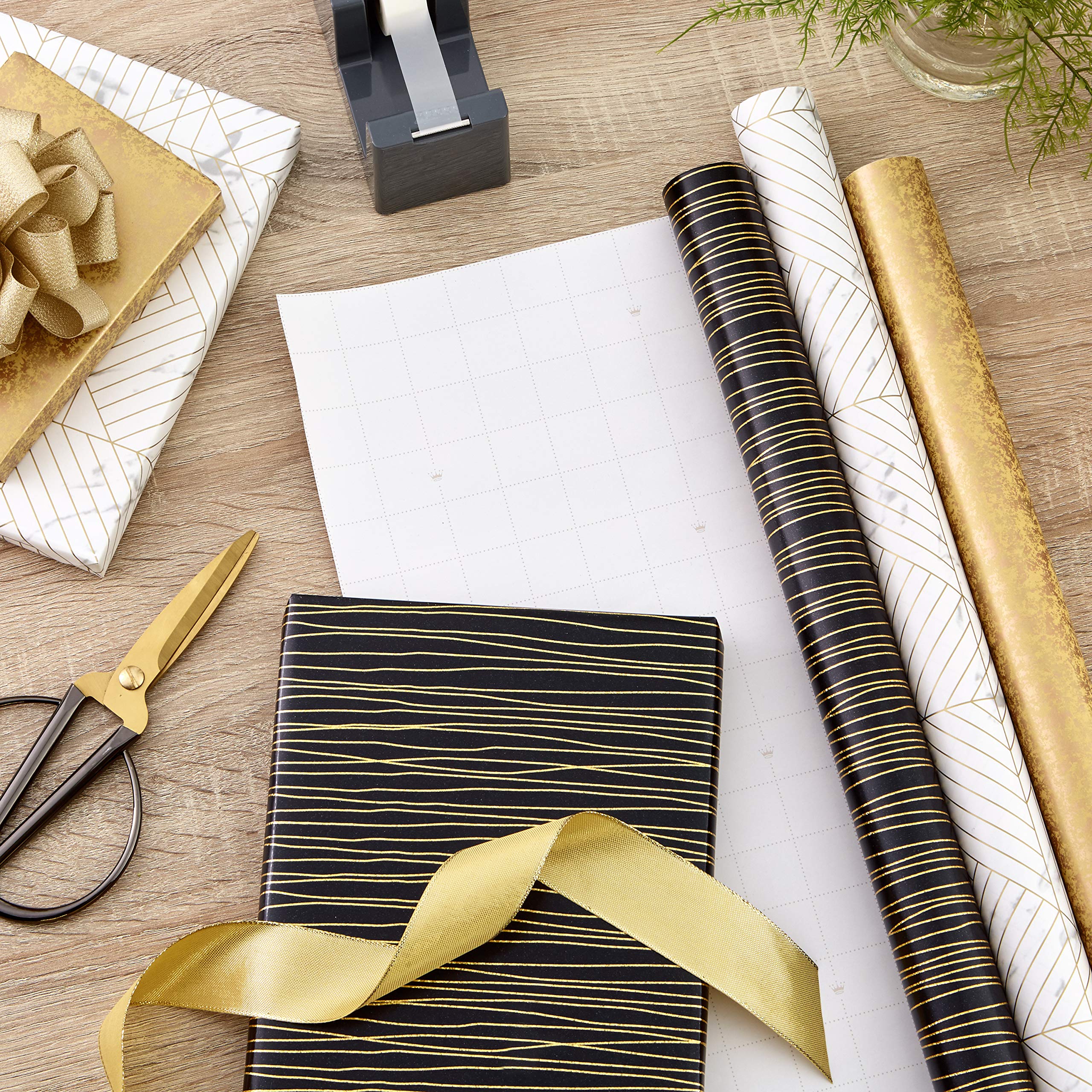 Hallmark Premium Wrapping Paper Roll Bundle with Cut Lines on Reverse (3 Rolls: 85 sq. ft. ttl. Marble, Black, Antiqued Gold) for Valentines Day, Graduations, Birthdays, Weddings, and Bridal Showers