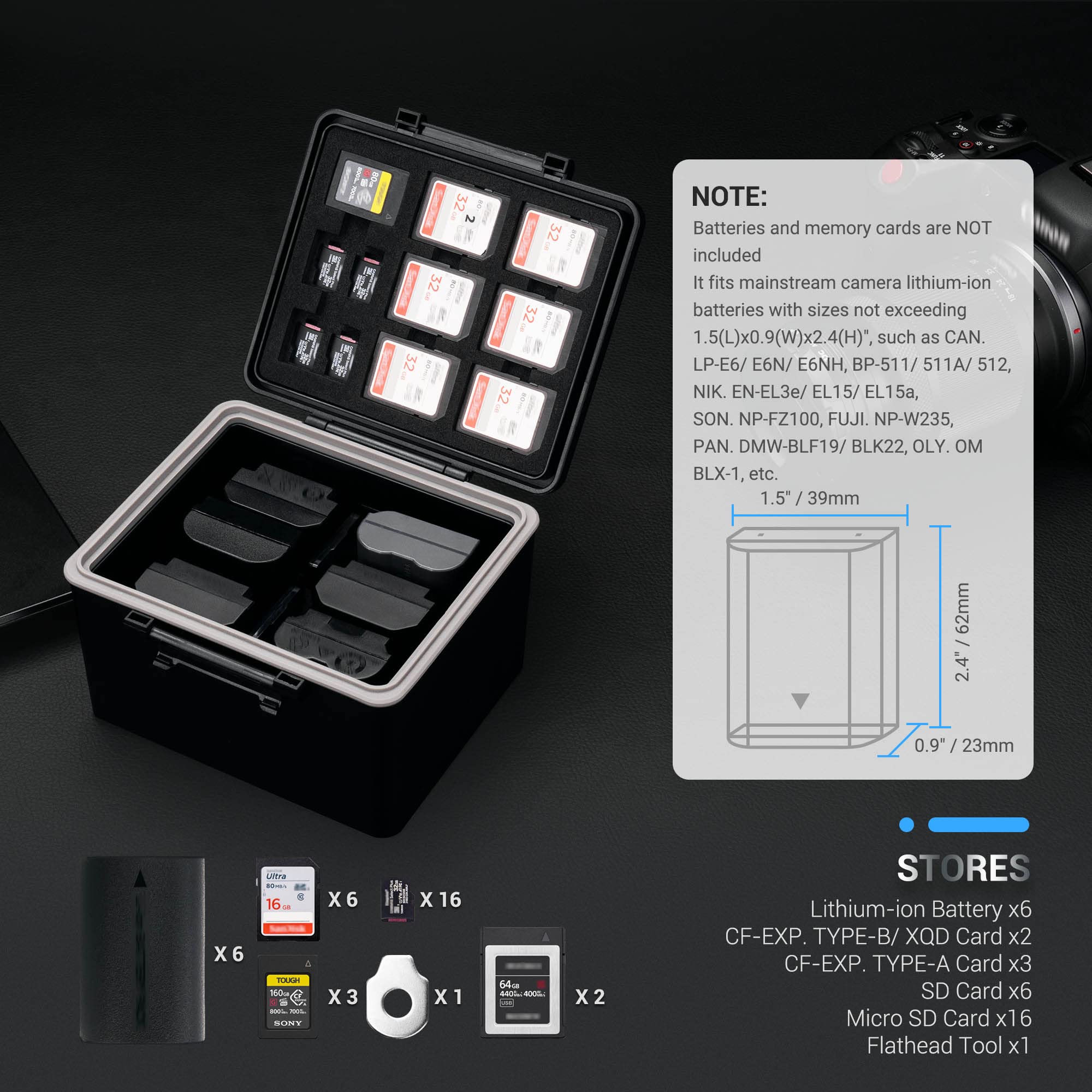 JJC DSLR Camera Battery & SD Micro SD XQD Card Case Holder for Canon LP-E6 LP-E6N LP-E6NH Nikon EN-EL15 EN-EL14 Sony NP-FZ100 Fujifilm NP-W126 NP-W235 Battery and More Below 1.5x0.9x2.4β