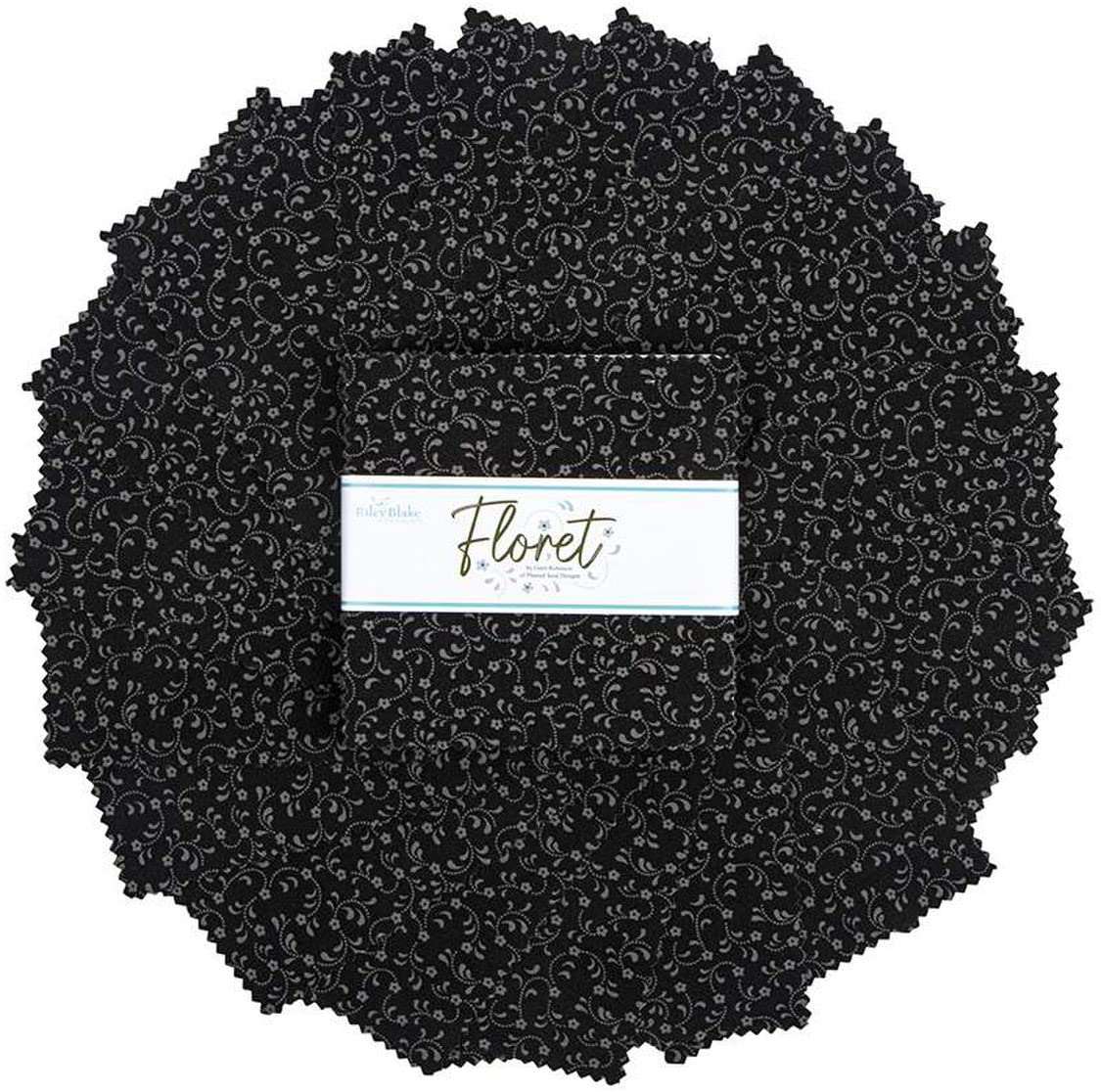 Gerri Robinson Floret Black 5" Stacker 42 5-inch Squares Charm Pack Riley Blake 5-675-BLACK-42