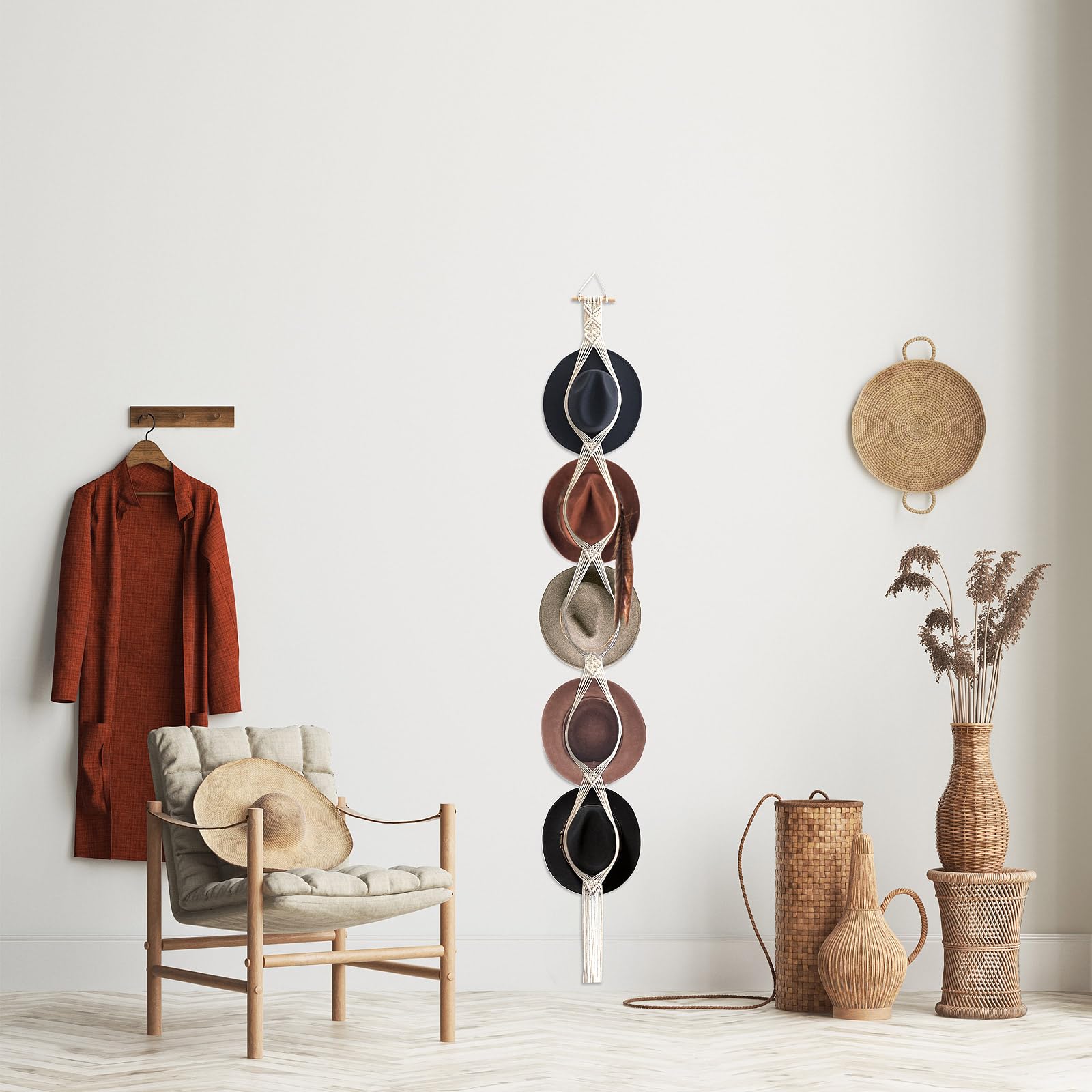 SVICCOOKQ 2Pcs Macrame Hat Hanger, Boho Hat Hangers for Wall, Decorative Bohemian Hand Weaving Hat Rack for Wide Brim Fedoras Caps - 78.74 Inches