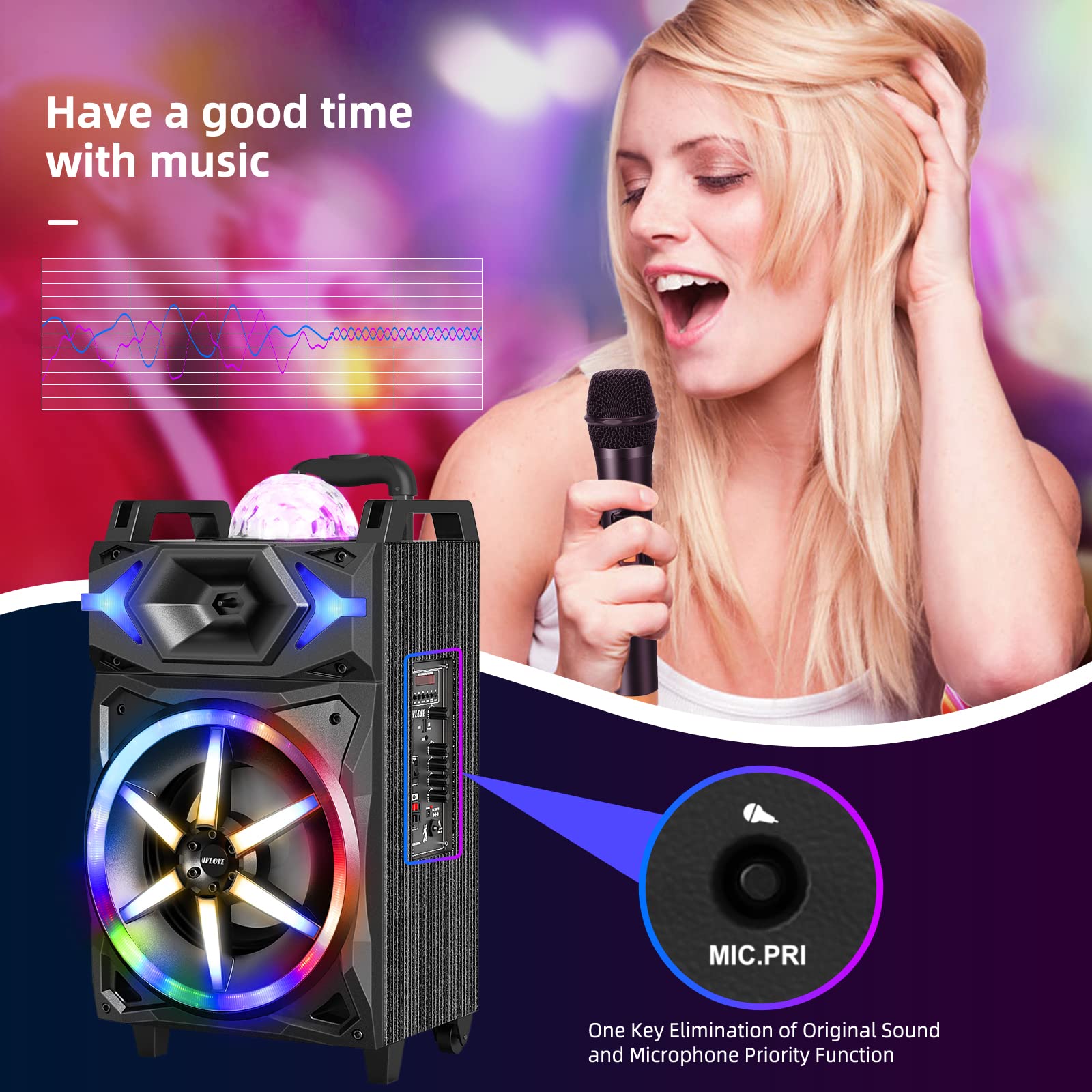 Karaoke Machine for Adults, 700W Peak Power Bluetooth 5.0 Karaoke System-PA Stereo with 10" Subwoofer, Multi-Function Speaker with 3 Microphones and 1 Stand,Panel Light Ring & Light Ball