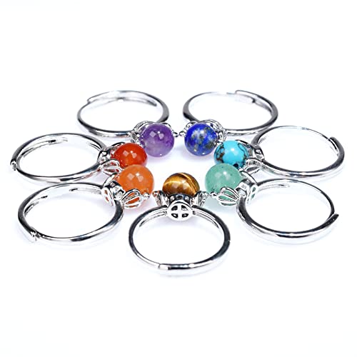 Jyotsna 1-7 PCS Natural 7 Chakra Gemstone Adjustable Statement Rings | Crown | Gems Stones 8mm Round | Beads Healing | Crystal Quartz (Chakra)