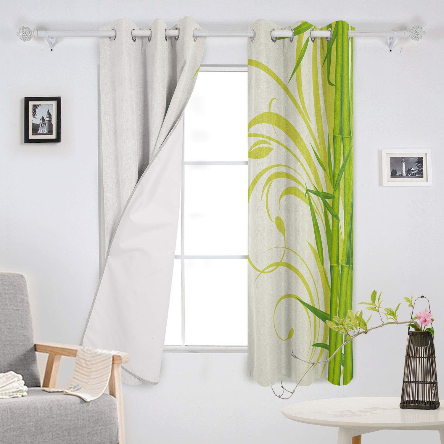 Green Kitchen Cafe Curtains Window Drapes Treatment Durable Polyester 80''W x 84''H, Bamboo with Artistic Floral Curly Leaves Asian Feng Shui Zen Garden 2 Panel Set Gromment Draperies Solid Print