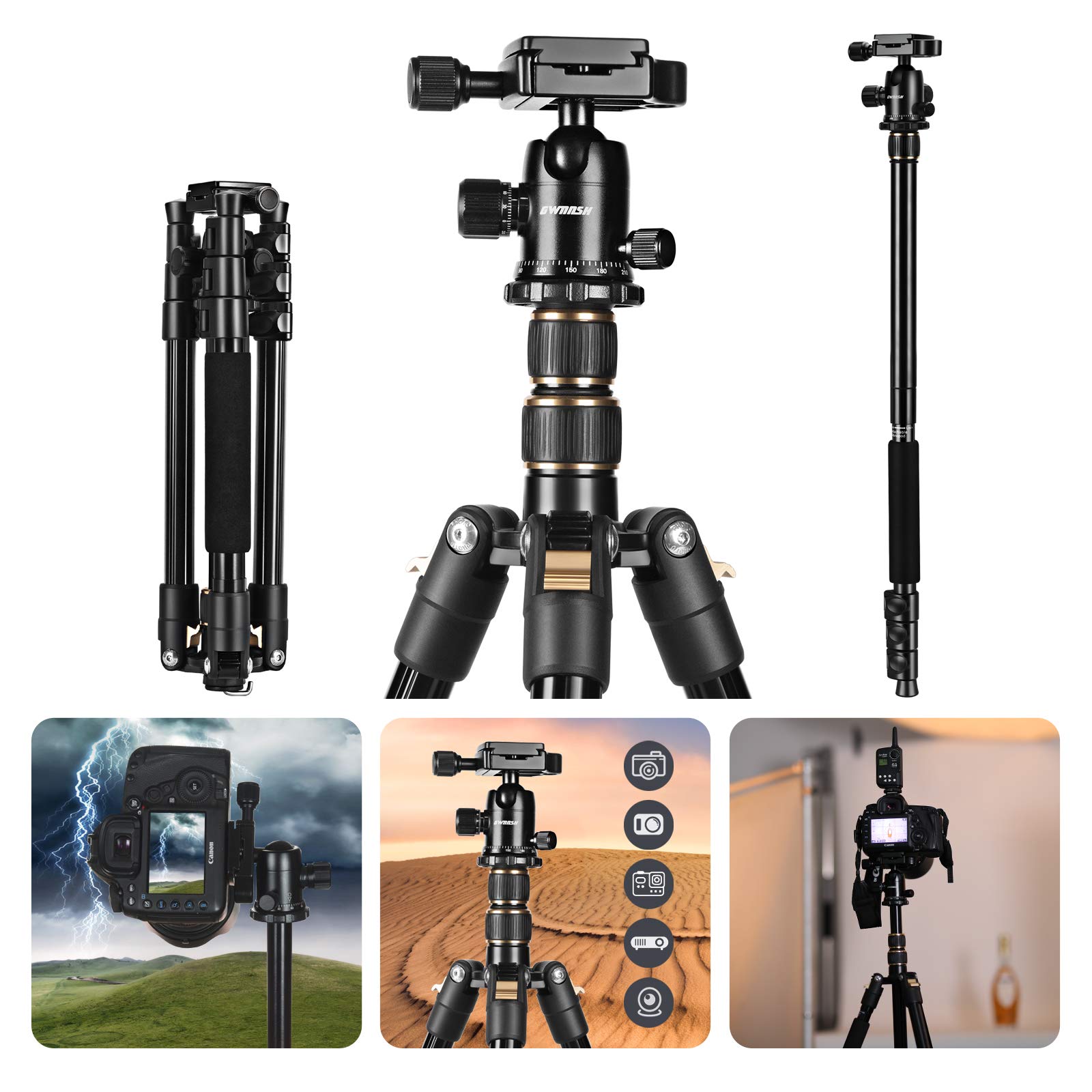 GWNNSH Camera Lightweight Travel Tripod, 58â Detachable Monopod, Aluminum Ball Head Stand 3 X Control Knobs with Calibration, DSLR QR Plate, Level Indicator, Flip Lock Design. Dare to Compare