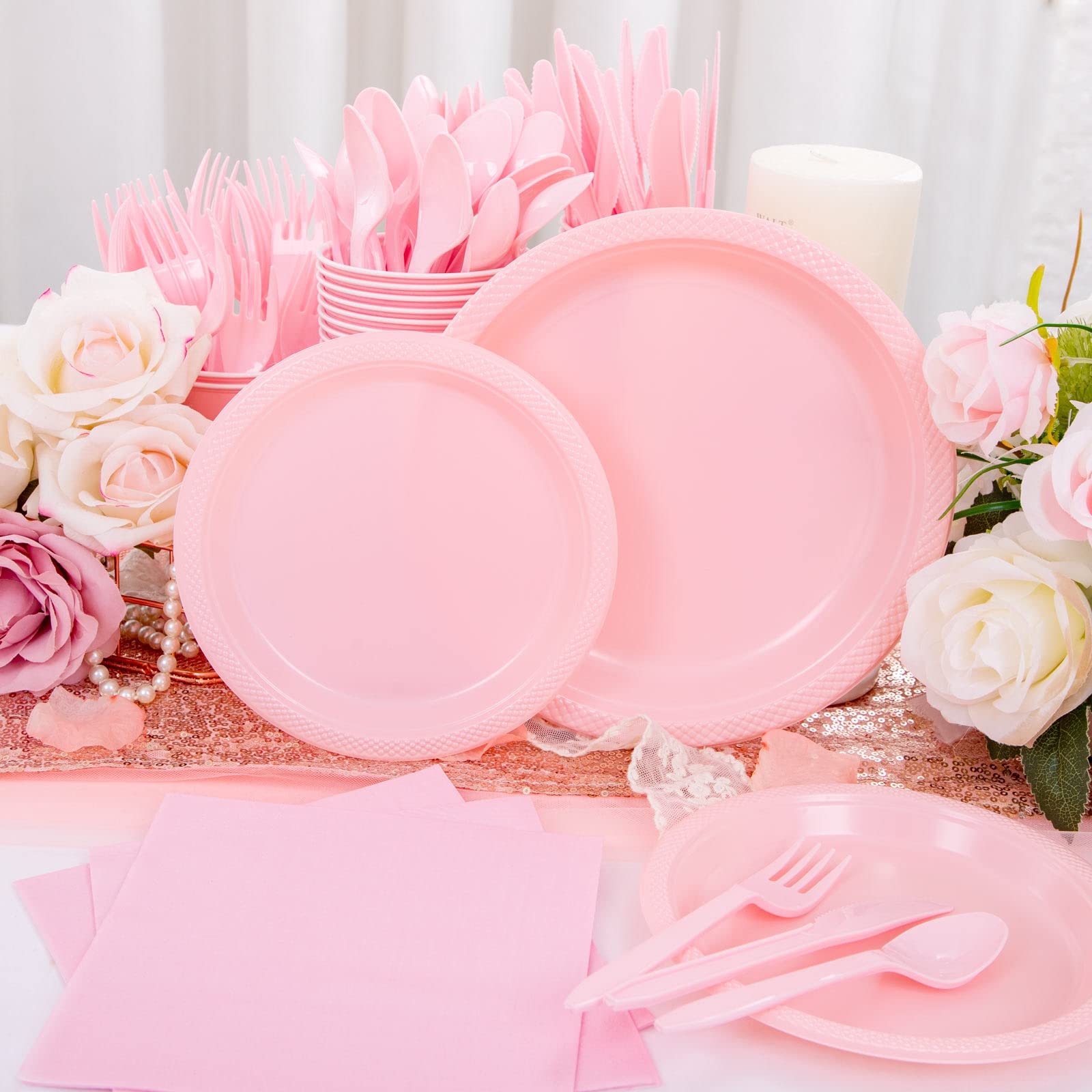 WELLIFE 210 Pieces Pink Party Supplies, Disposable Dinnerware Set, Including Pink Plastic Plates, 12OZ Pink Cups, Pink Plastic Cutlery and Paper Napkins Serve 30 Guests for Party