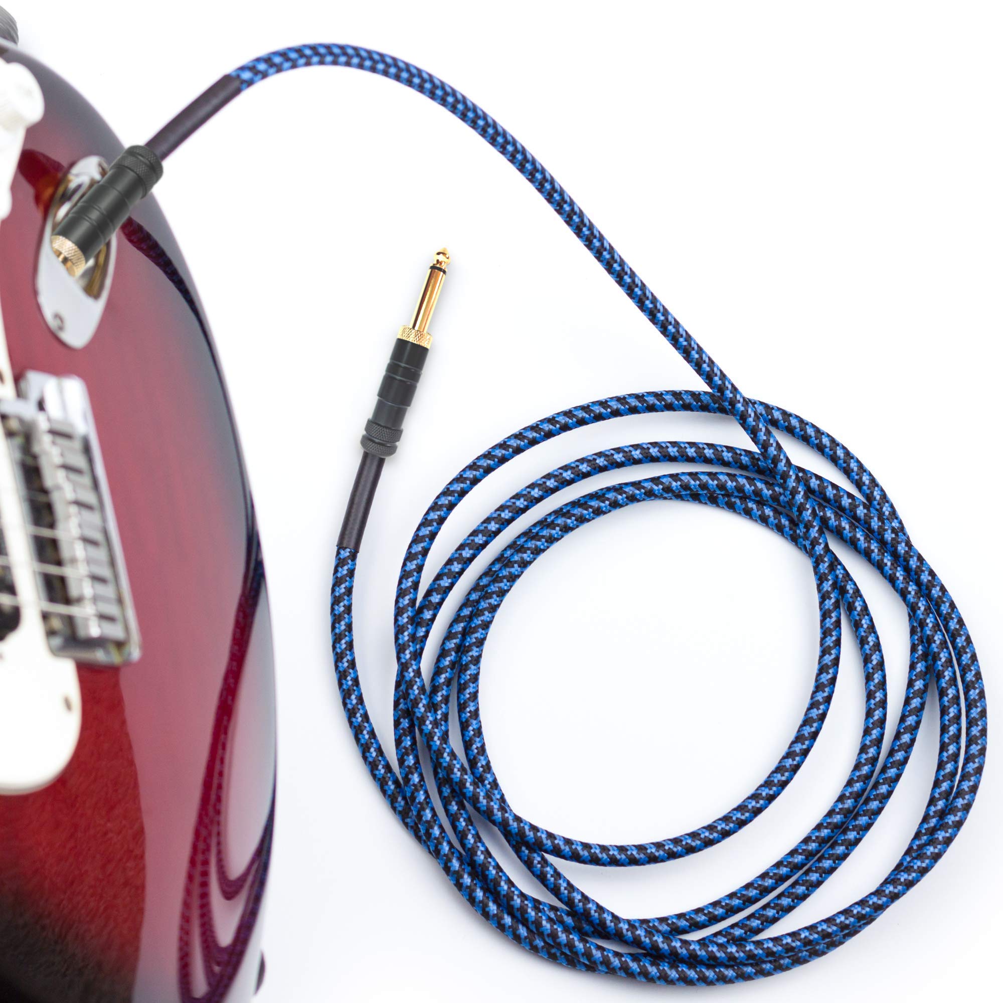 Guitar Cable 10 ft - 1/4 Inch Right Angle Blue Instrument Cable - Professional Quality Electric Guitar Cord and Amp Cable - Low Noise Bass and Guitar Lead - Reliable Cords for a Clean Clear Tone