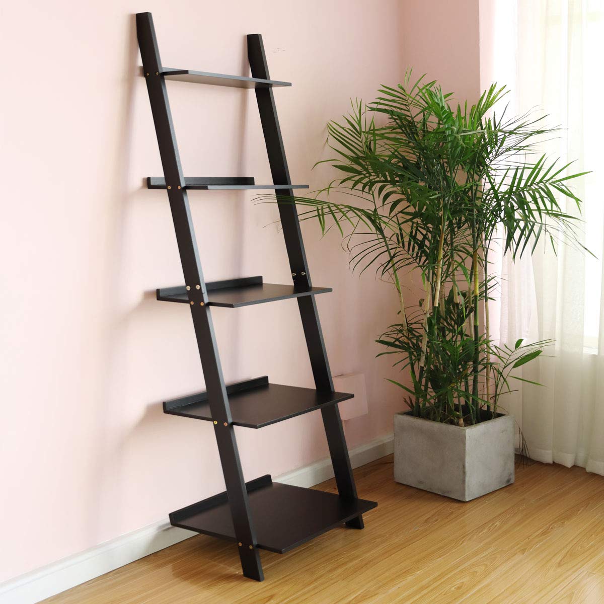 HYNAWIN Ladder Shelf 5 Tier Bookcase, Multipurpose Plant Flower Stand Bookshelf Storage Rack Shelves, Wood Look Accent Bamboo Frame Modern Furniture Home Office (Black)