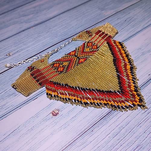 Native American Style Beaded Necklaceā Ukrainian beaded Necklace Native Handmade Seed Bead Necklace,Tribal ethnic beaded necklace (Golden)