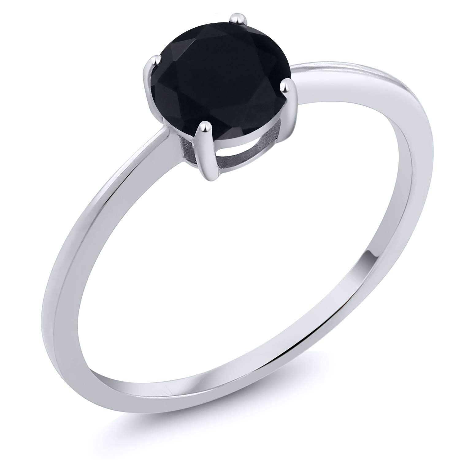 Gem Stone King 10K White Gold Black Onyx Solitaire Engagement Ring For Women (0.80 Cttw, Round 6MM, Gemstone December Birthstone, Size 8)