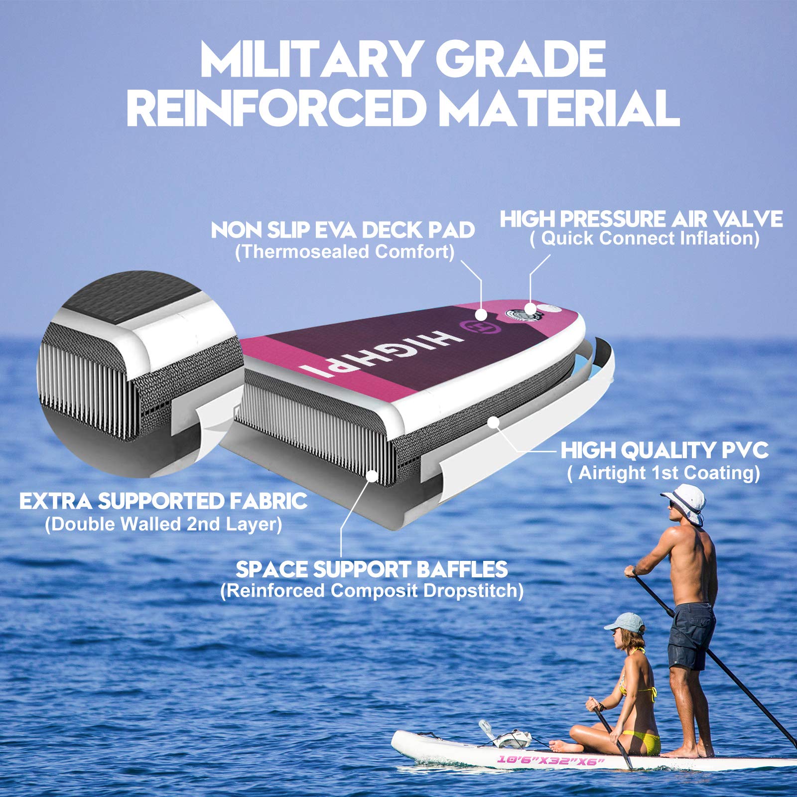 Highpi Inflatable Stand Up Paddle Boards, 10'6''x32''x6'' SUP with Accessories Backpack Anti-Slip Deck, Leash, Paddle and Hand Pump, Inflatable Paddle Board Standing Boat for Youth & Adult