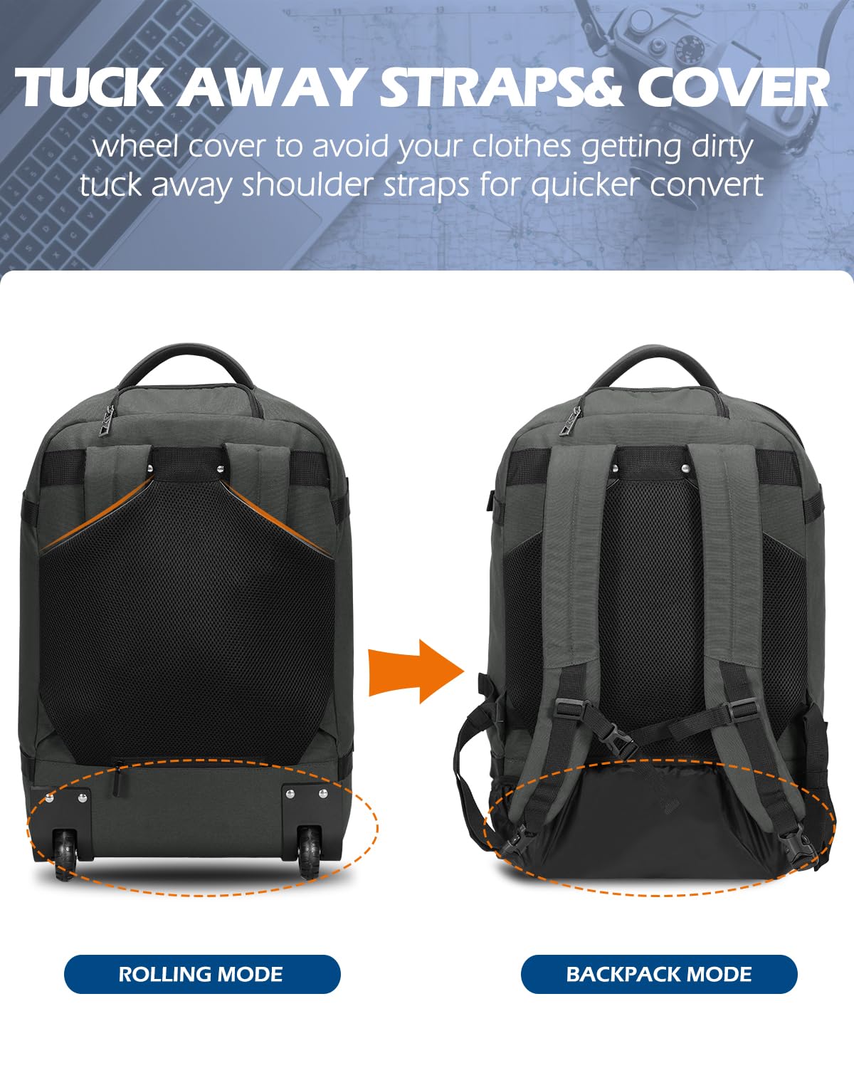 Hynes Eagle 42L Rolling Backpack Wheeled Backpack Flight Approved Travel Backpack Carry on Luggage Grey with 3PCS Packing Cubes Set Red Violet
