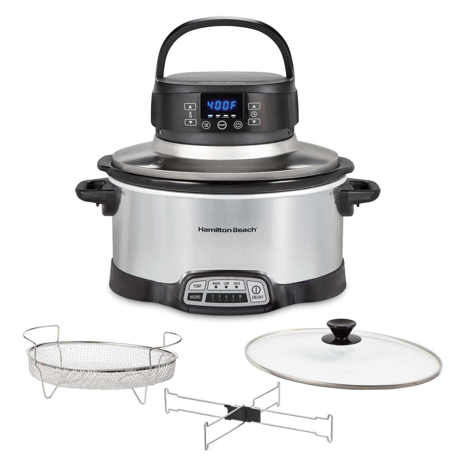 Hamilton Beach 6 Quart Programmable Slow Cooker With Flexible Easy Programming, 5 Cooking Times, Air Fry Lid with 4 Settings, Dishwasher-Safe Crock, Silver (33061)