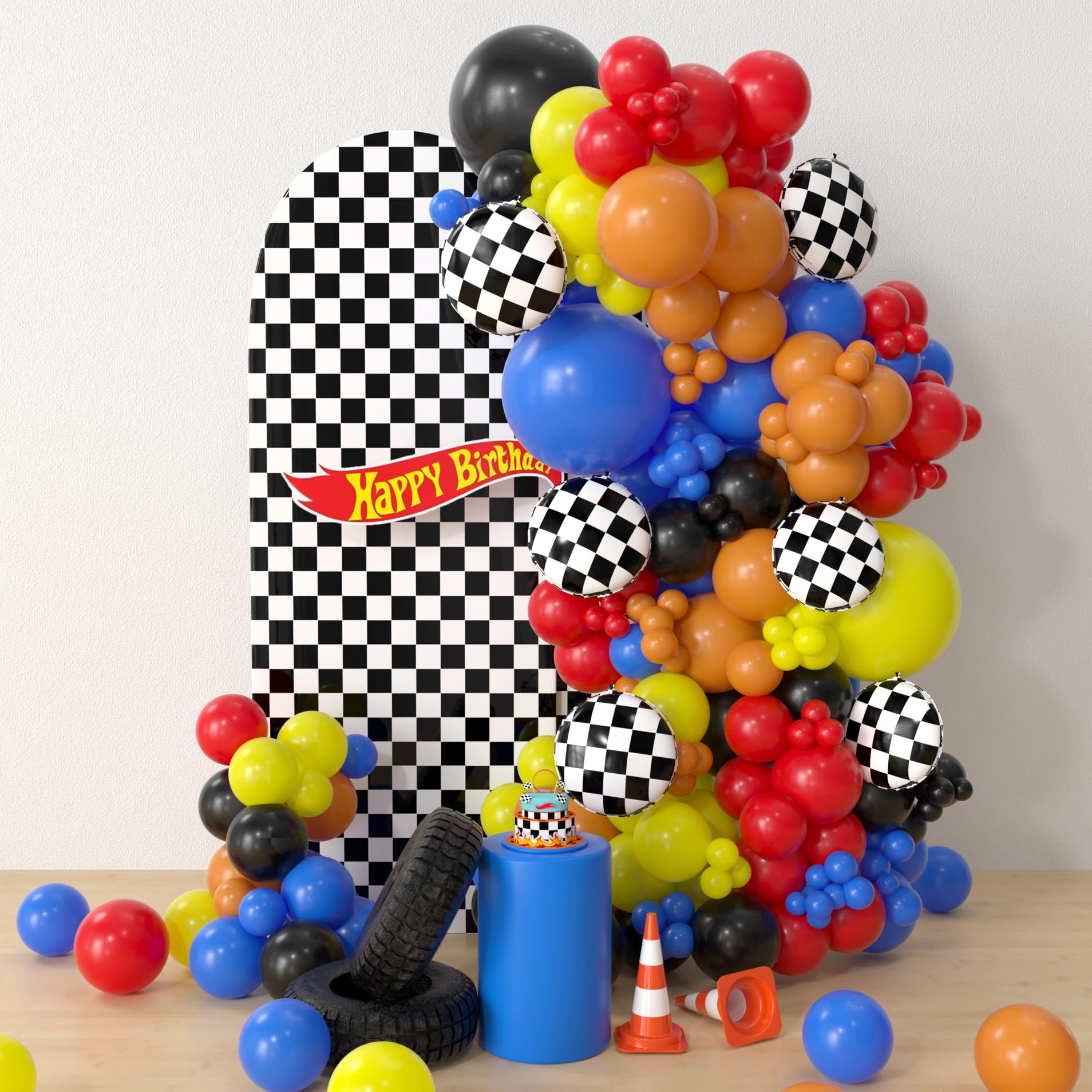 HYOWCHI Race Car Birthday Party Supplies - 153 Pcs Car Wheels Birthday Balloon Garland Arch Kit, Red Yellow Blue Black Checkered Foil Balloon Arch For Racing Car Monster Party Decorations