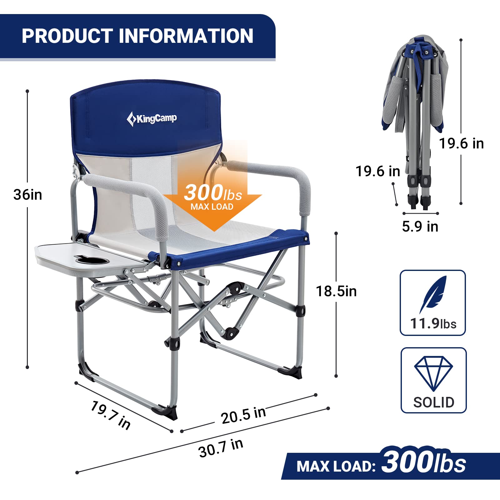 KingCamp Camping Chairs for Adults Folding Chairs Camping Directors Chair with Side Table Heavy Duty (Navy+Wine,2PCS)